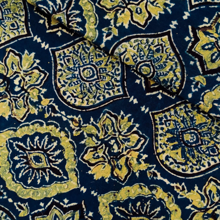Pure Cotton Ajrak Persian Blue With Intricate Green Mehendi Patterned ...