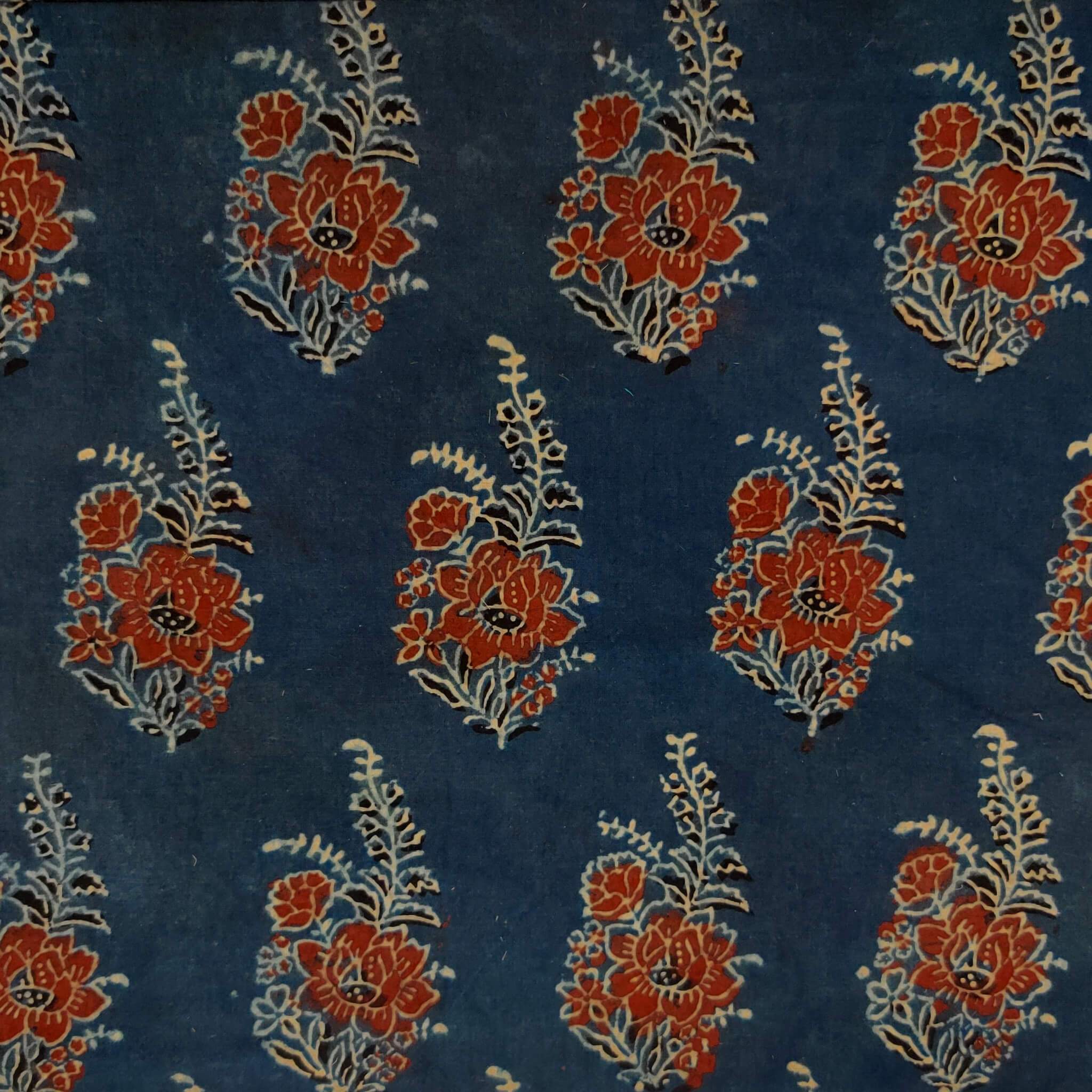 Pure Cotton Ajrak Persian Blue With Madder Flower Guldasta Hand Block ...