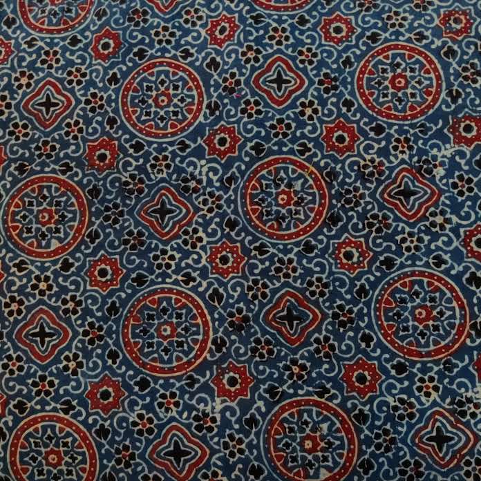 Pure Cotton Ajrak Persian Blue With Persian Star Circle Tiles Hand Blo ...