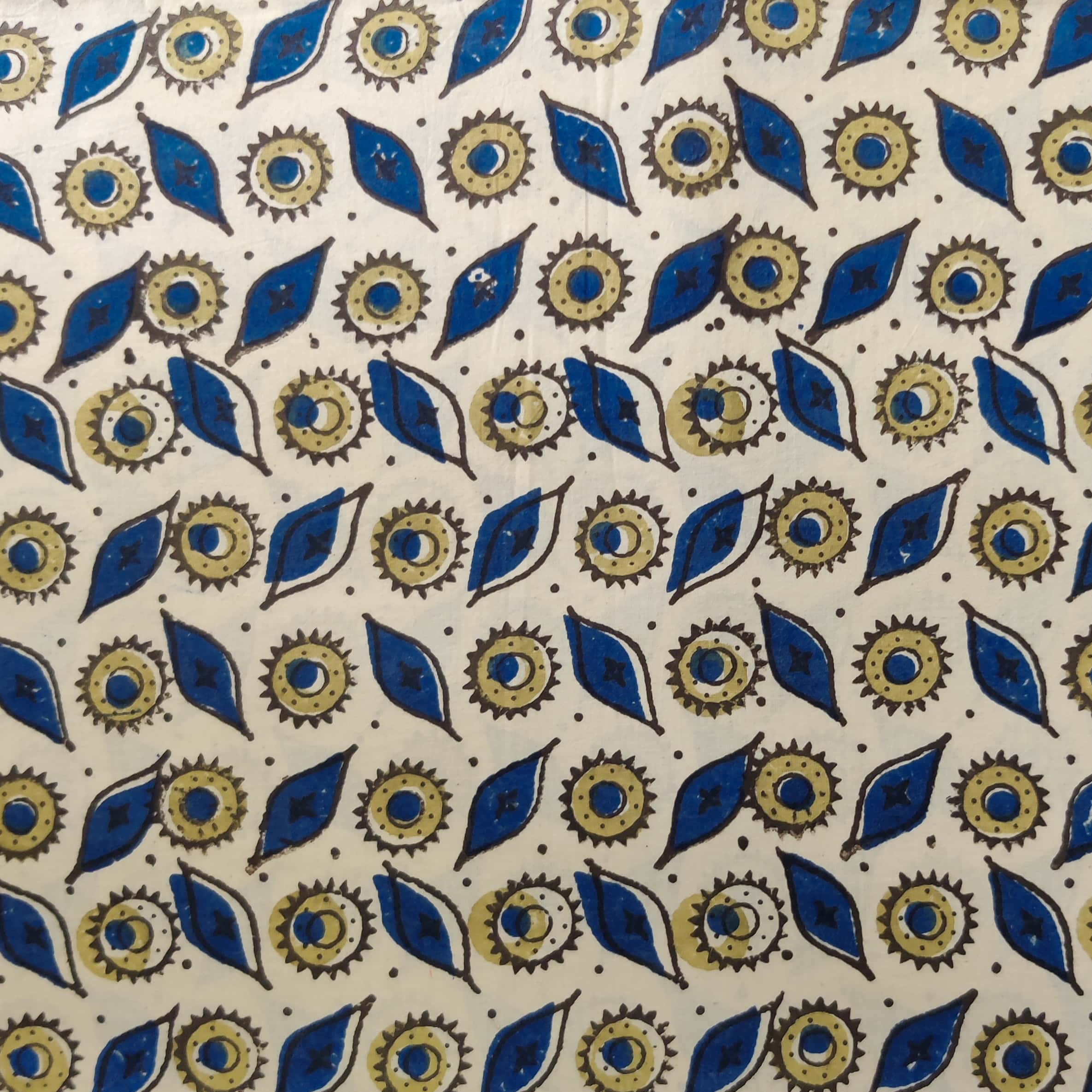 Pure Cotton Ajrak Persian Cream With Blue Leaves Hand Block Print Fabr – Sanskruti