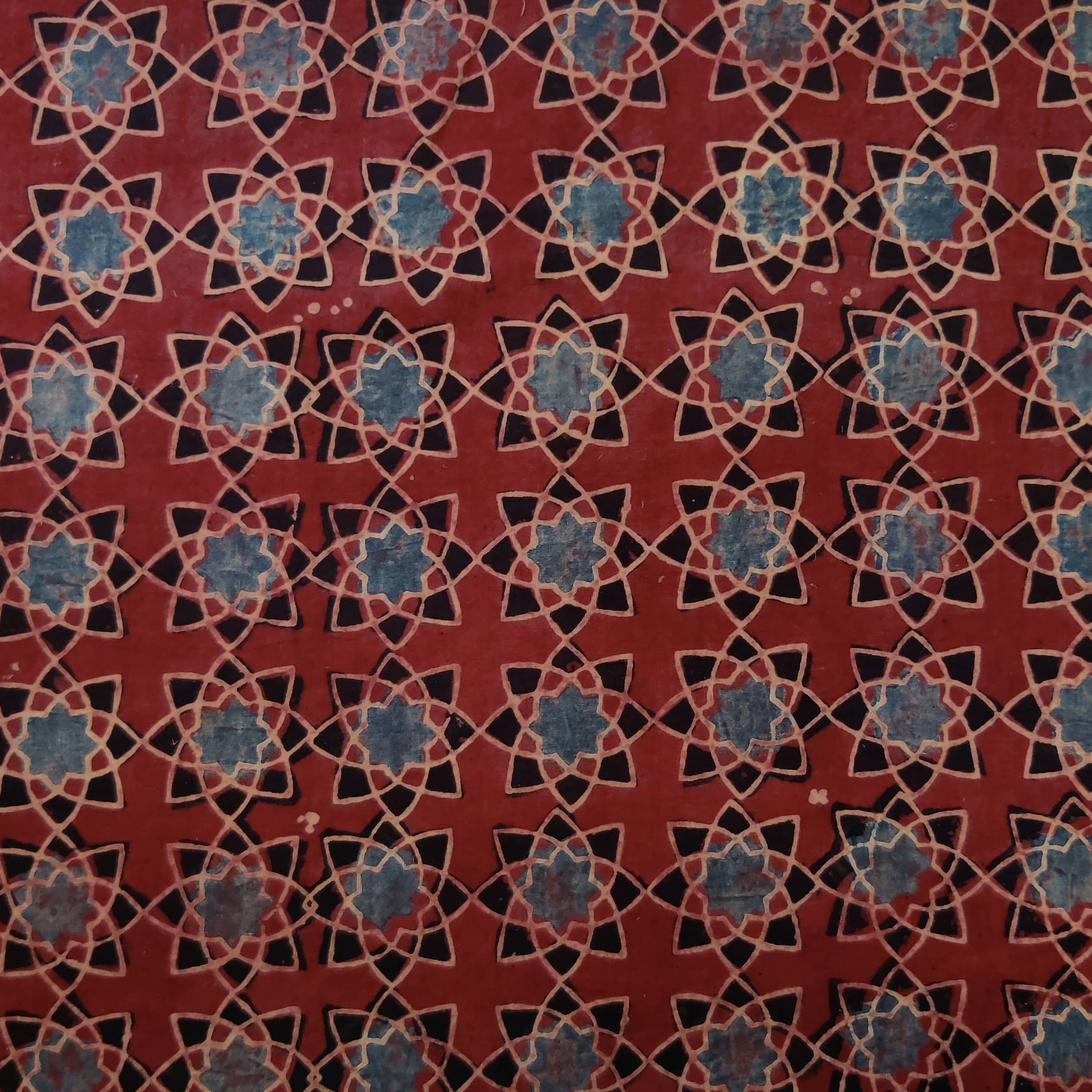 Pure Cotton Ajrak Rust With Blue Black Wobbly Star Hand Block Print Fa ...