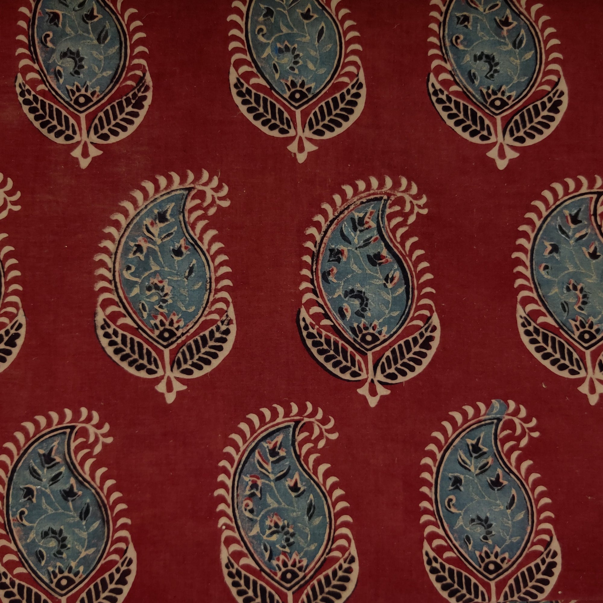 Pre-cut 1.40 meter Pure Cotton Ajrak Rust With Blue Cream Kairi Hand B – Sanskruti