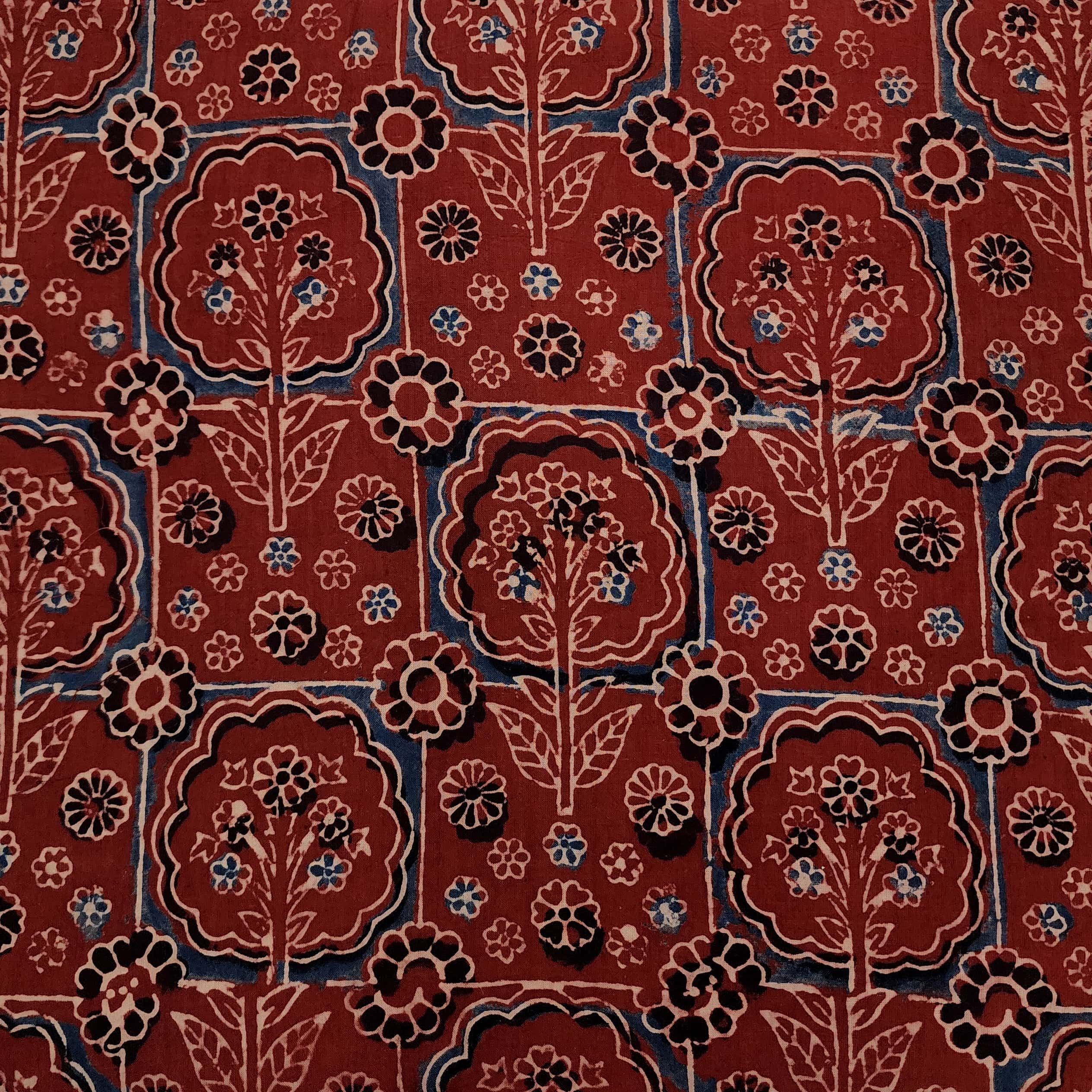 Pure Cotton Ajrak Rust With Squares And Floral Plants Motifs Hand Bloc ...