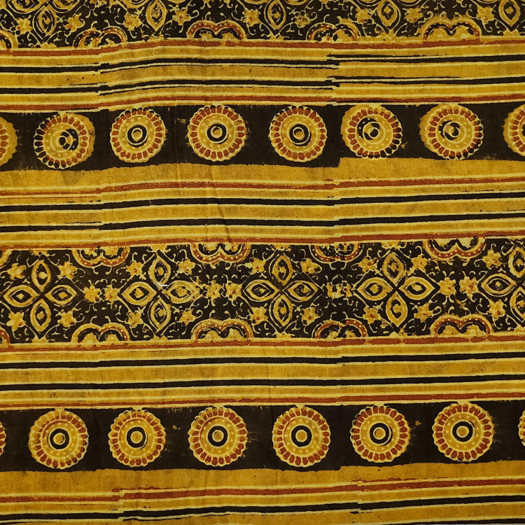 Pure Cotton Ajrak Turmeric Dyed With Chakra Tile Stripes Border Hand B ...