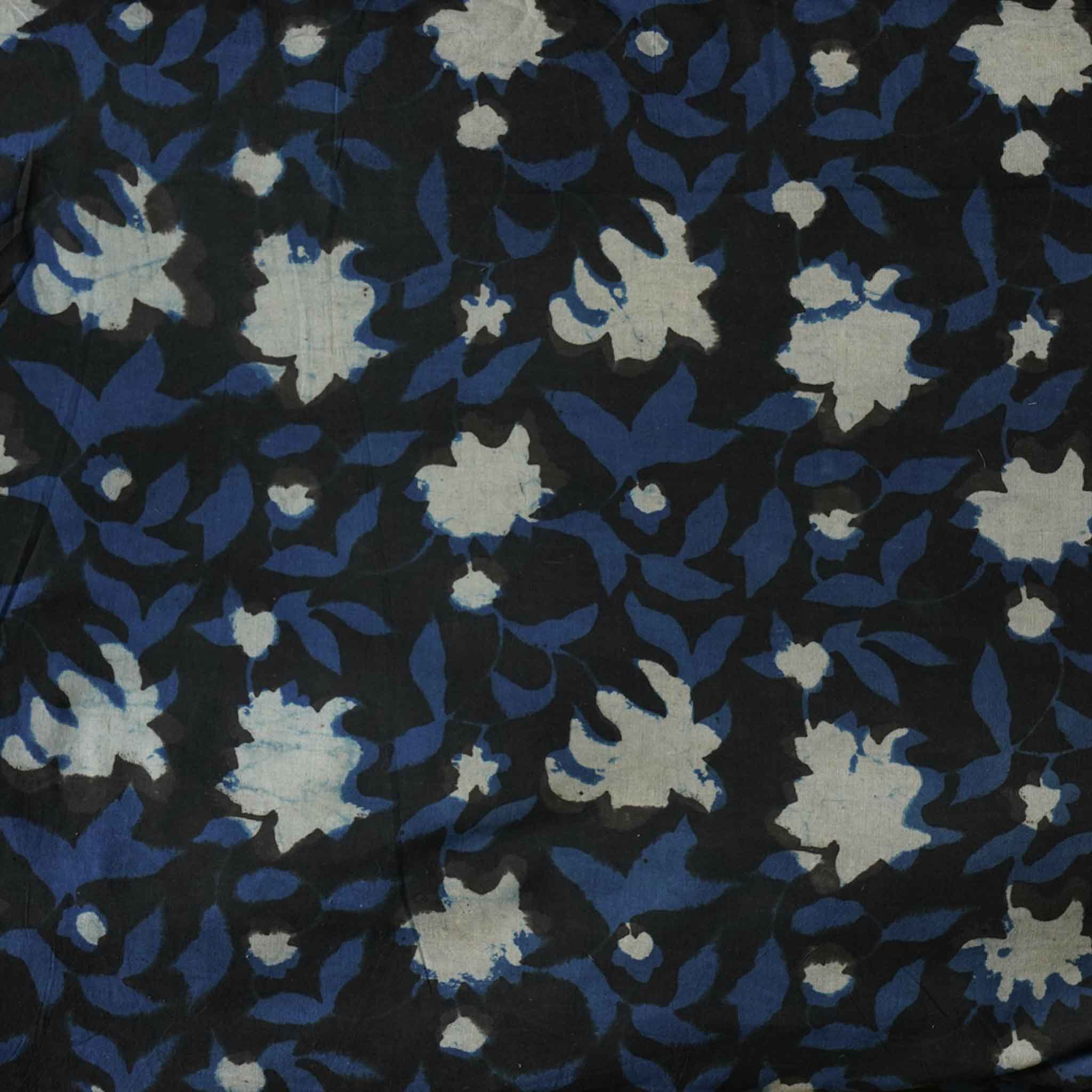 Pure Cotton Bagru Black With Cream And Blue Floral Jaal Hand Block Pri ...