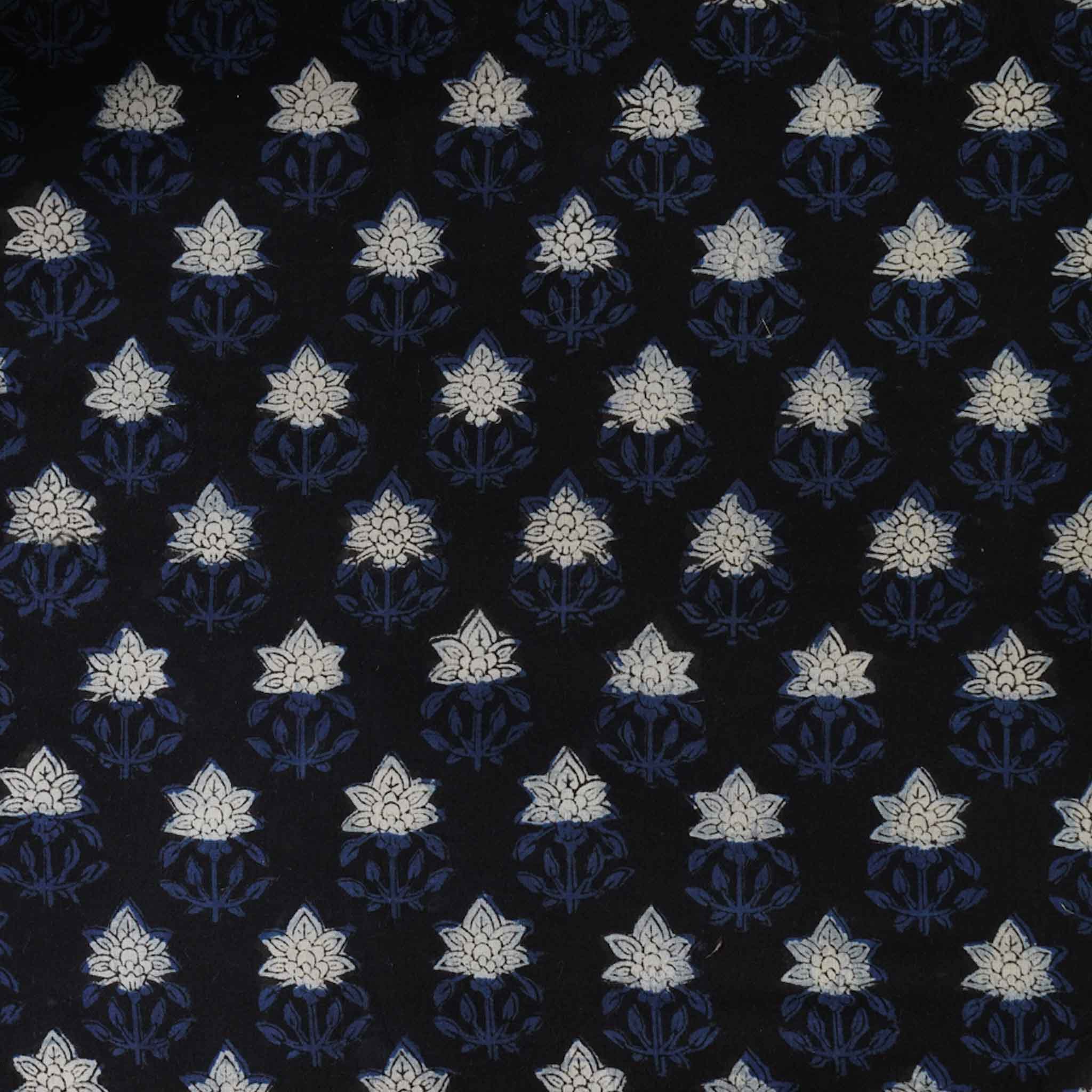 Pure Cotton Bagru Black With Cream And Blue Simple Flowers Hand Block ...