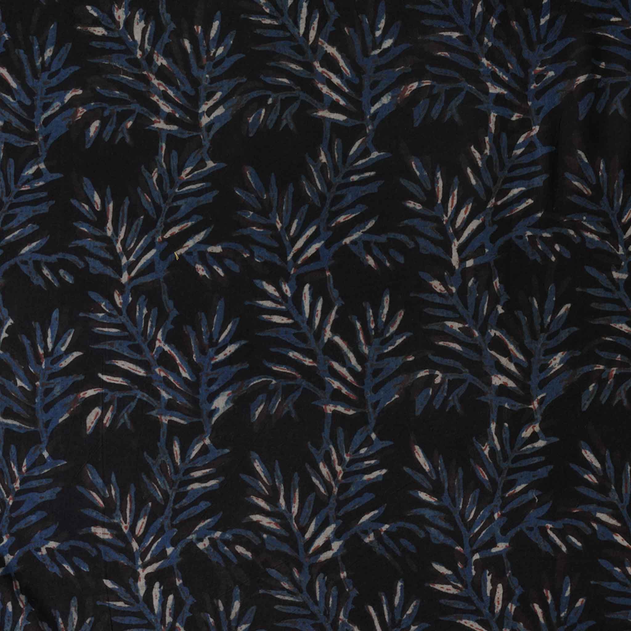 Pure Cotton Bagru Black With Shades Of Blue Ferns Hand Block Print Fab ...
