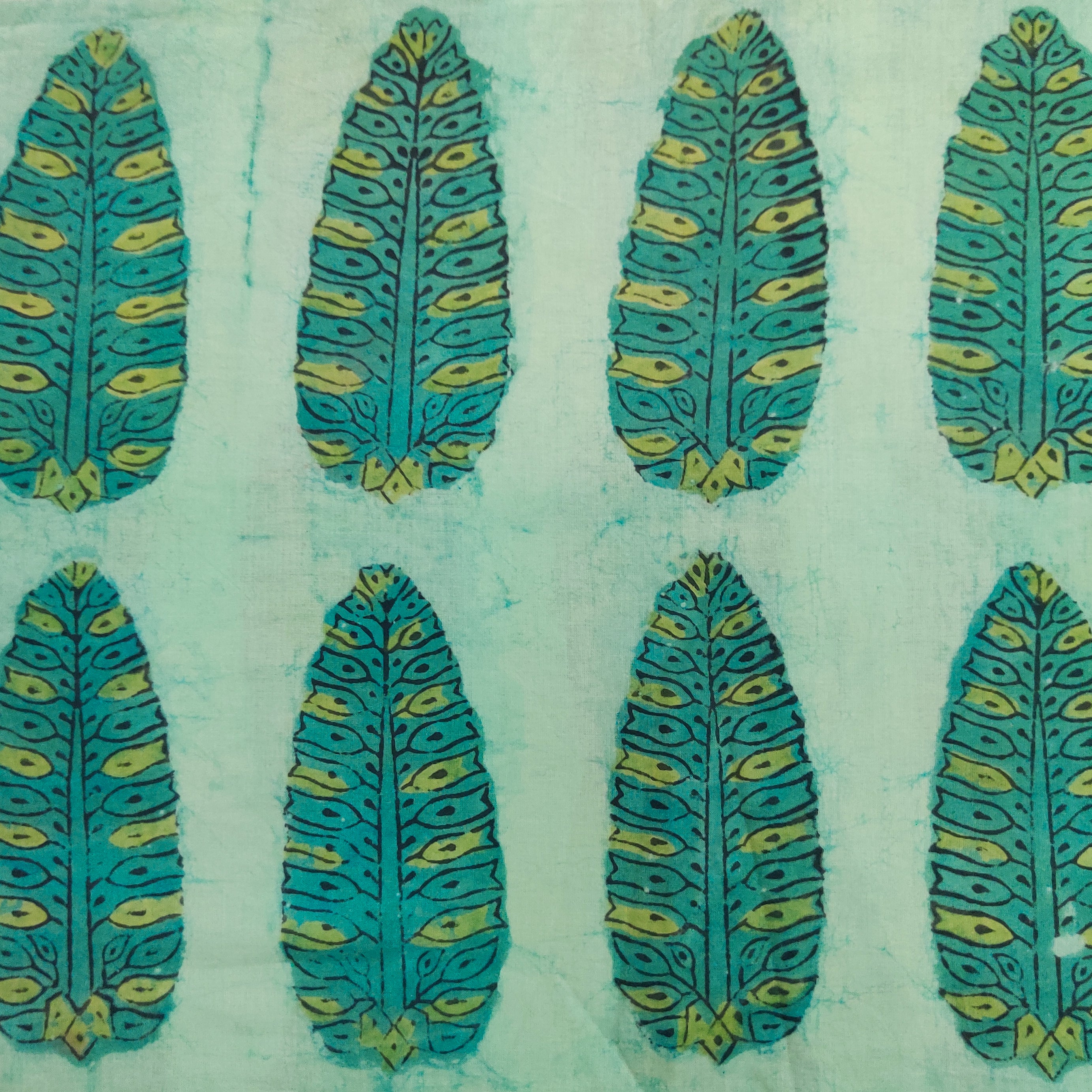 Pure Cotton Blue Green Vanaspati With Corn Ajrak Motifs Hand Block Pri ...