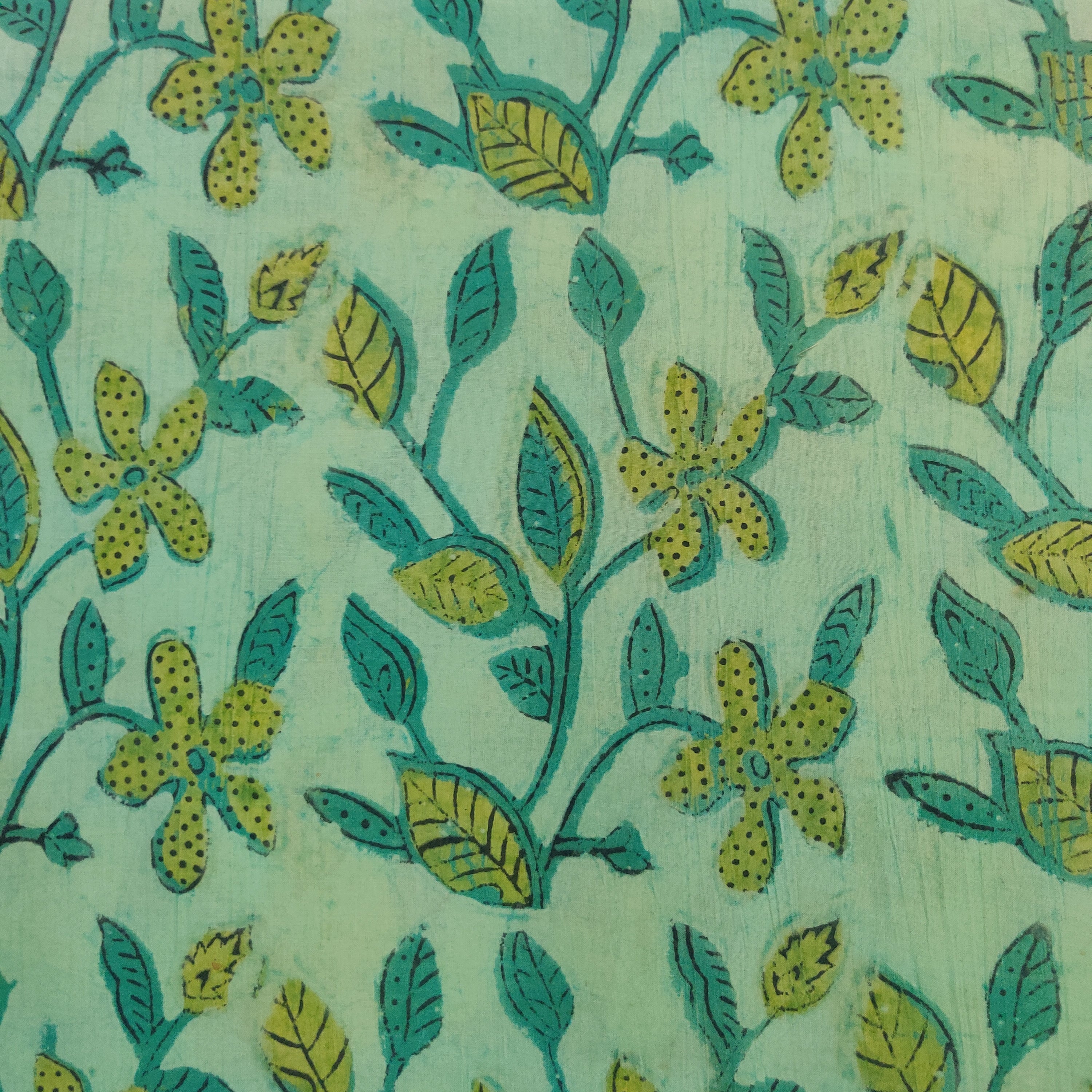 Pure Cotton Blue Green Vanaspati With Simple Floral Jaal Hand Block Pr ...