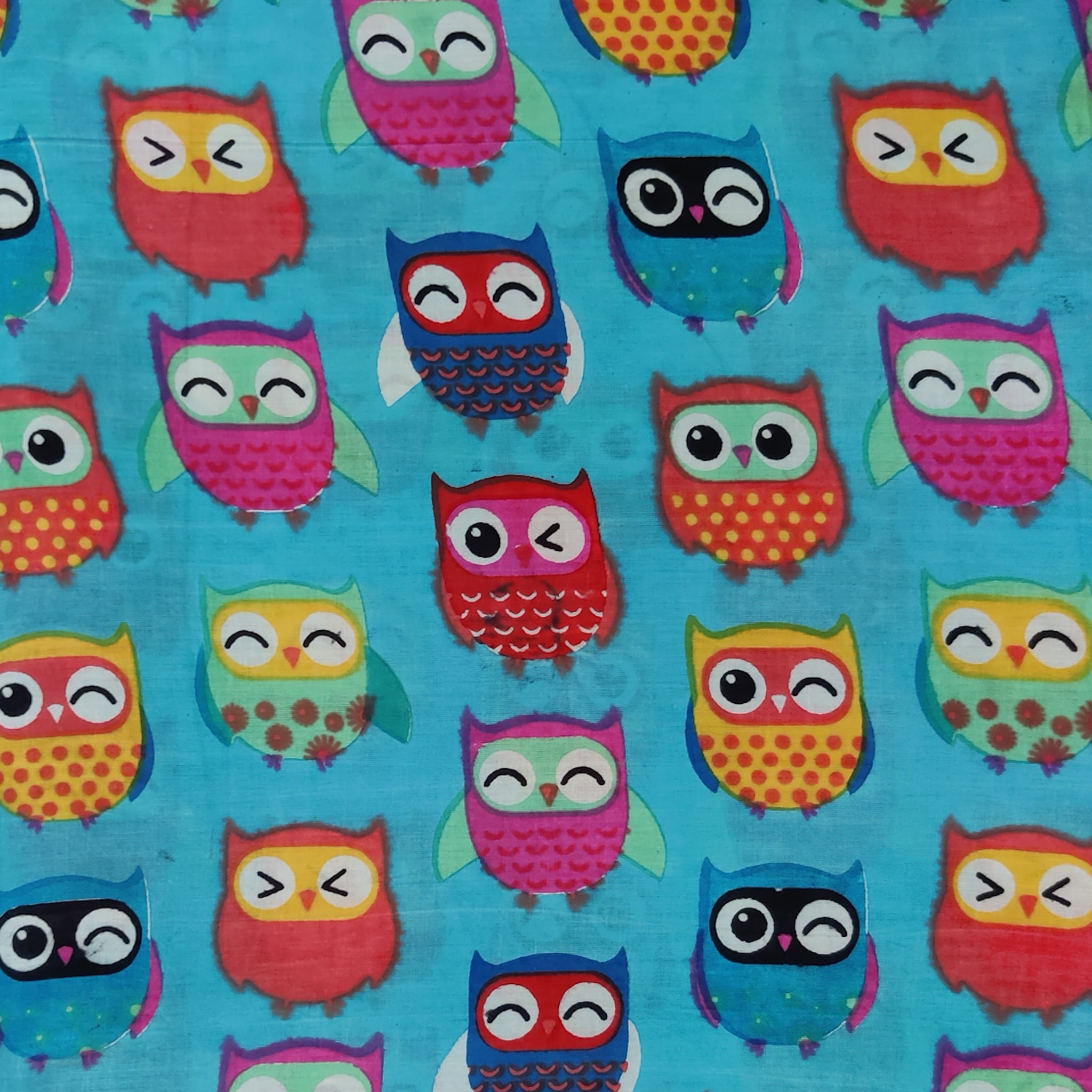 Pure Cotton Blue With Multicolor Owl Screenprint Fabric – Sanskruti