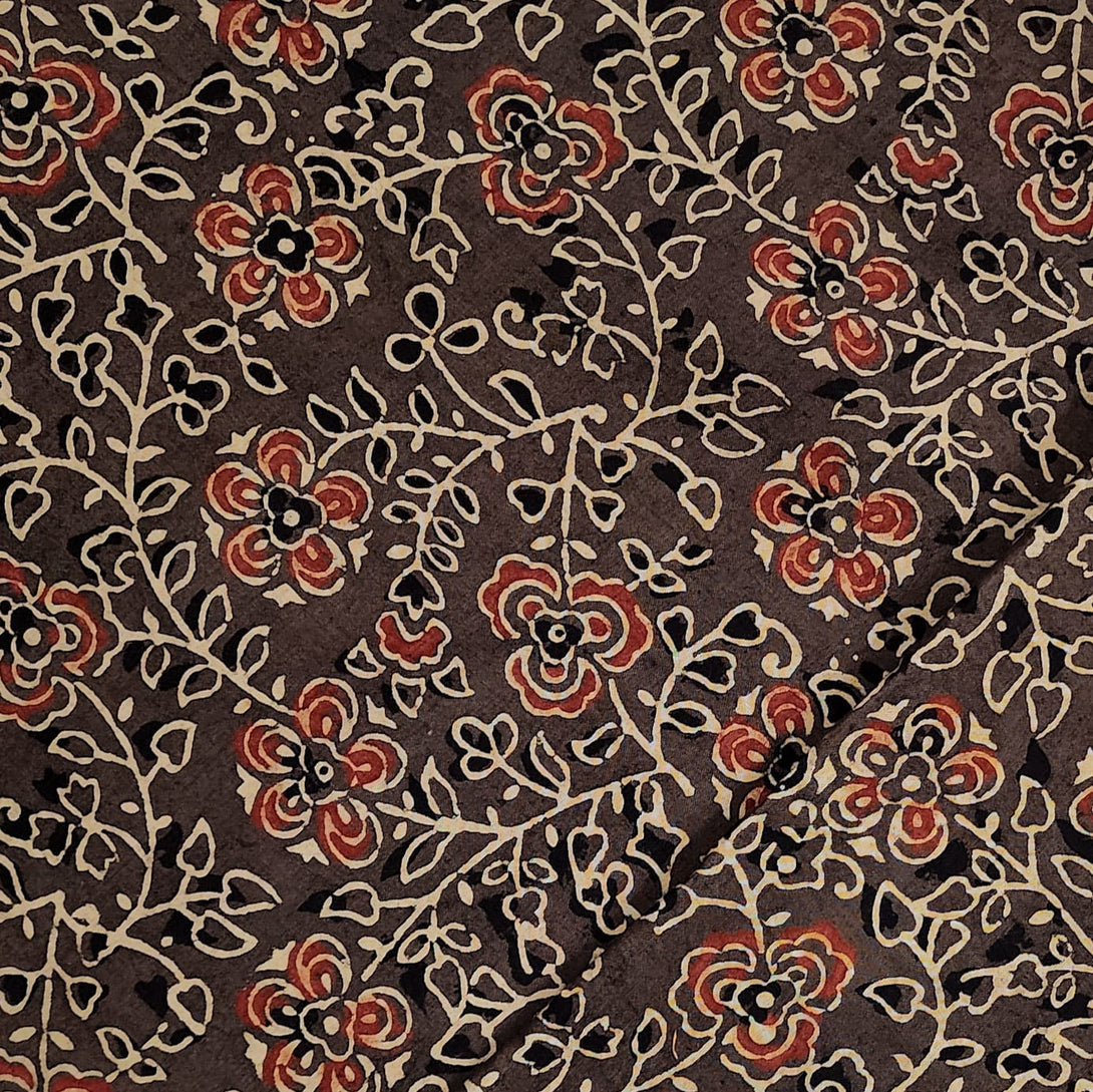Pure Cotton Brown With Rust Floral Jaal Hand Block Print Fabric – Sanskruti