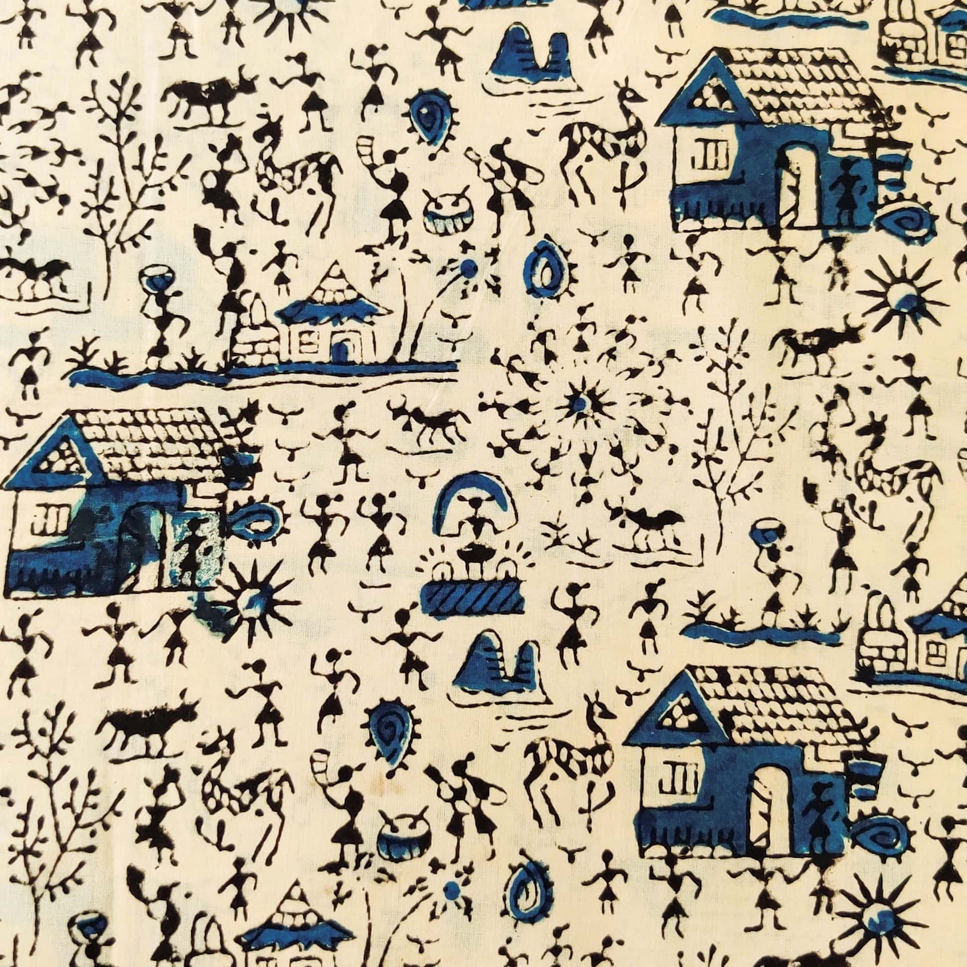 Pure Cotton Cream With Blue Warli Village Screen Print Fabric – Sanskruti