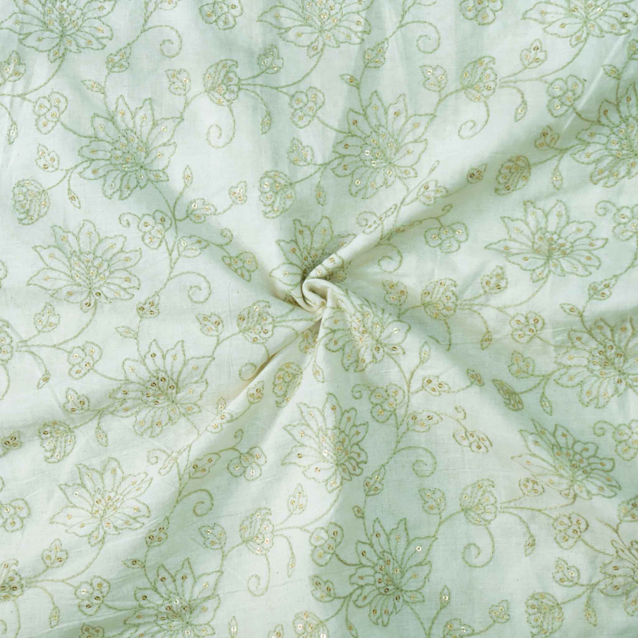 Pure Cotton Cream With Green Floral Jaal Embroidered Fabric – Sanskruti