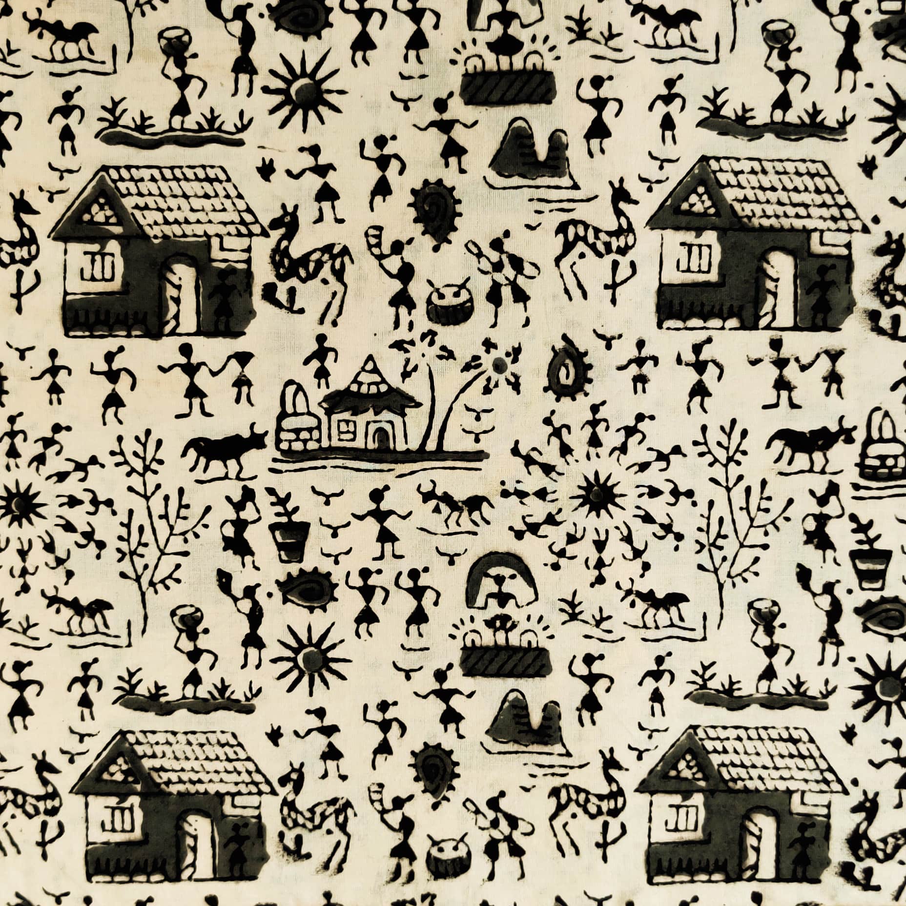 Pure Cotton Cream With Grey Warli Village Screen Print Fabric – Sanskruti