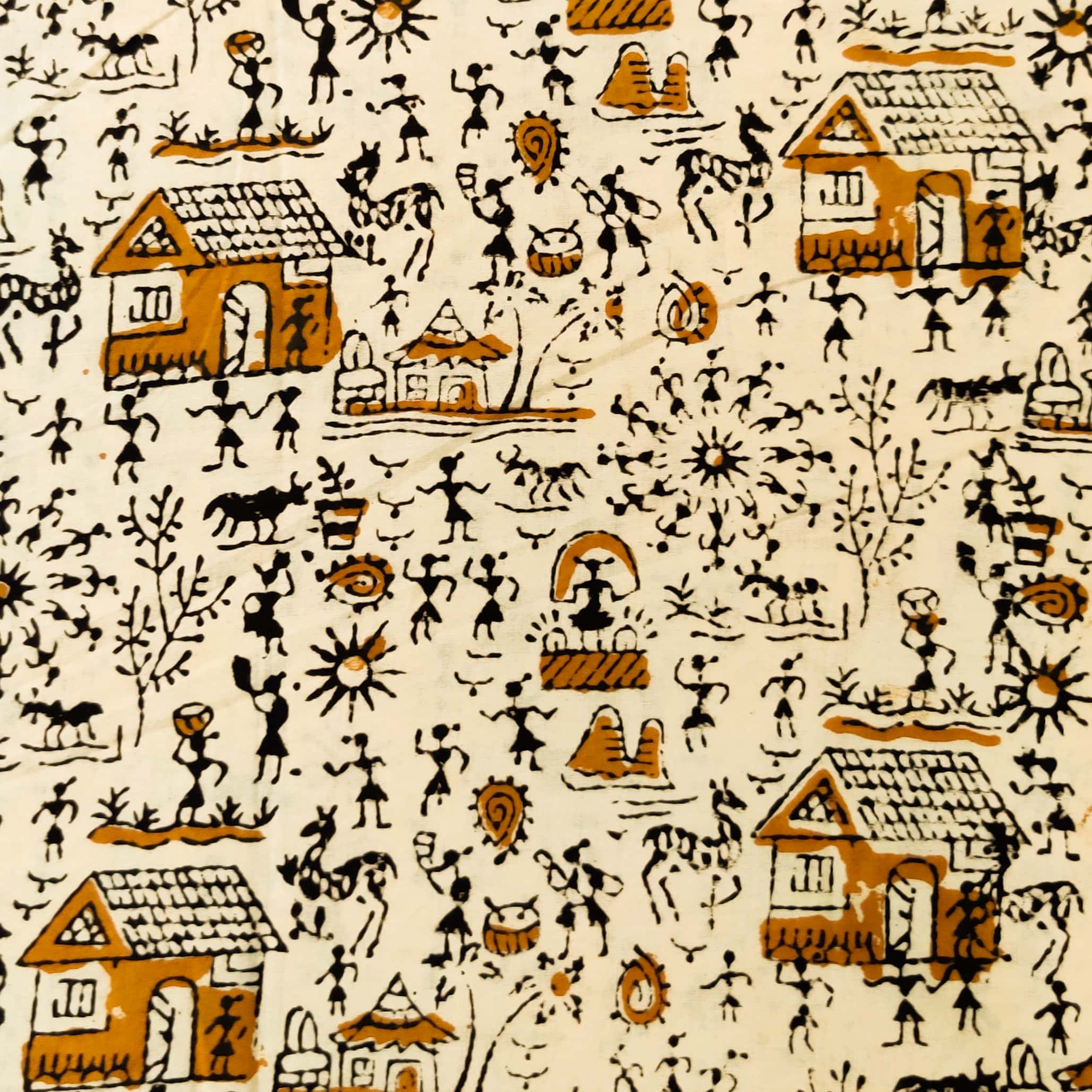 Pure Cotton Cream With Mustard Brown Warli Village Screen Print Fabric ...