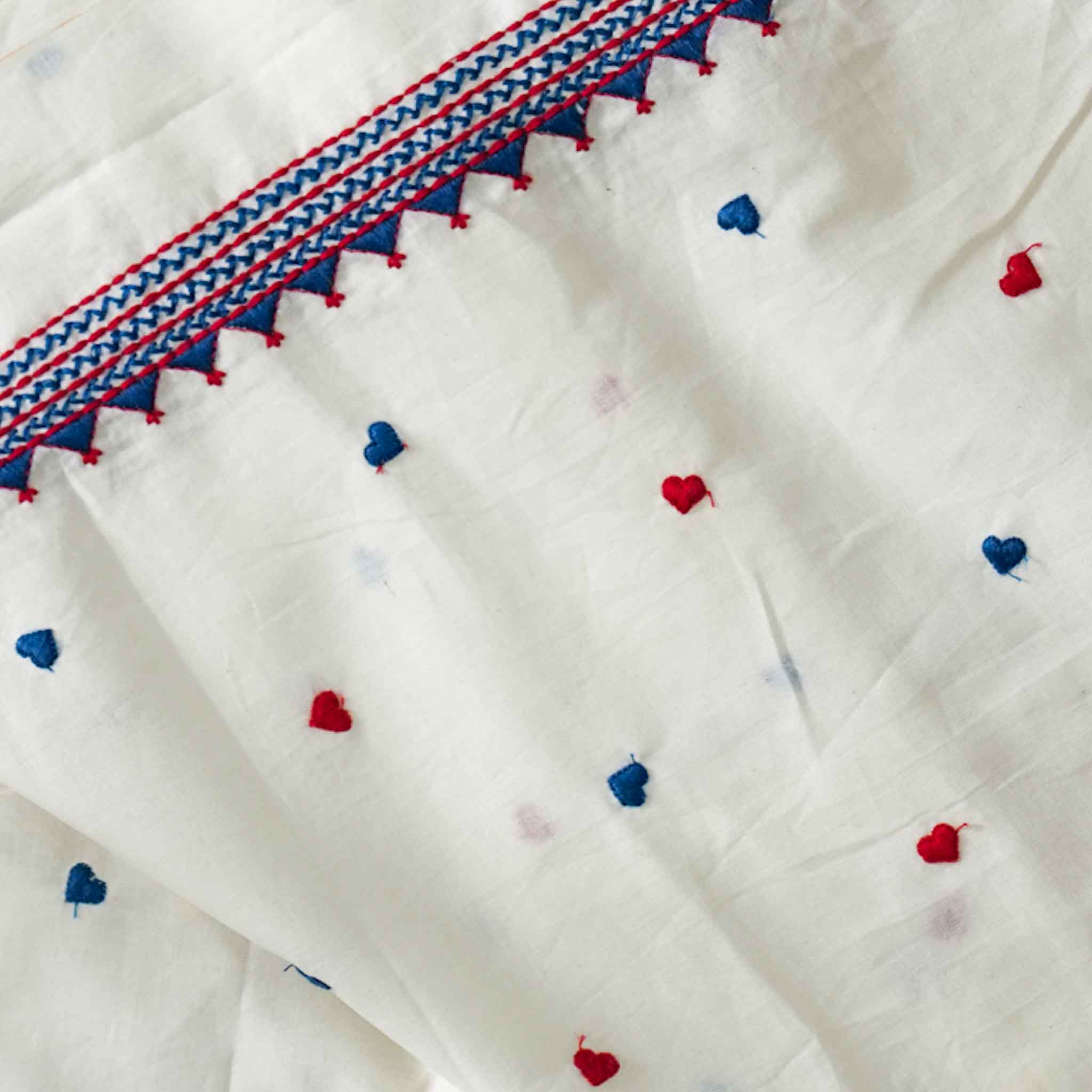 Pre-cut 2 meter Pure Cotton Cream With Red And Blue Hearts Embroidered ...