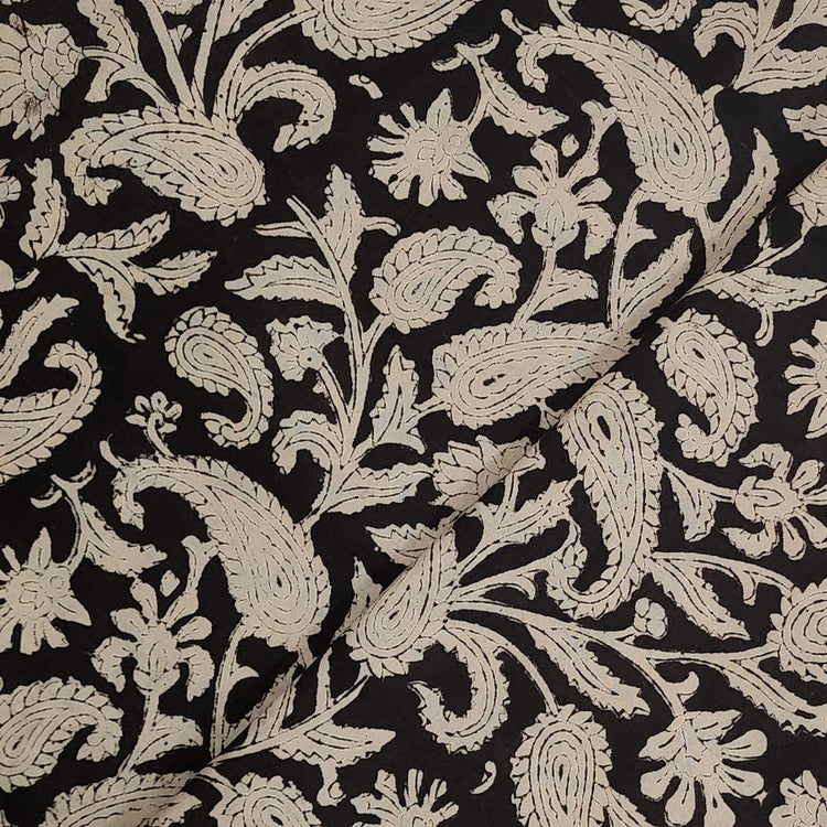 Pure Cotton Dabu Bagru Black With Big Beige Long Kairi Floral Jaal Han ...