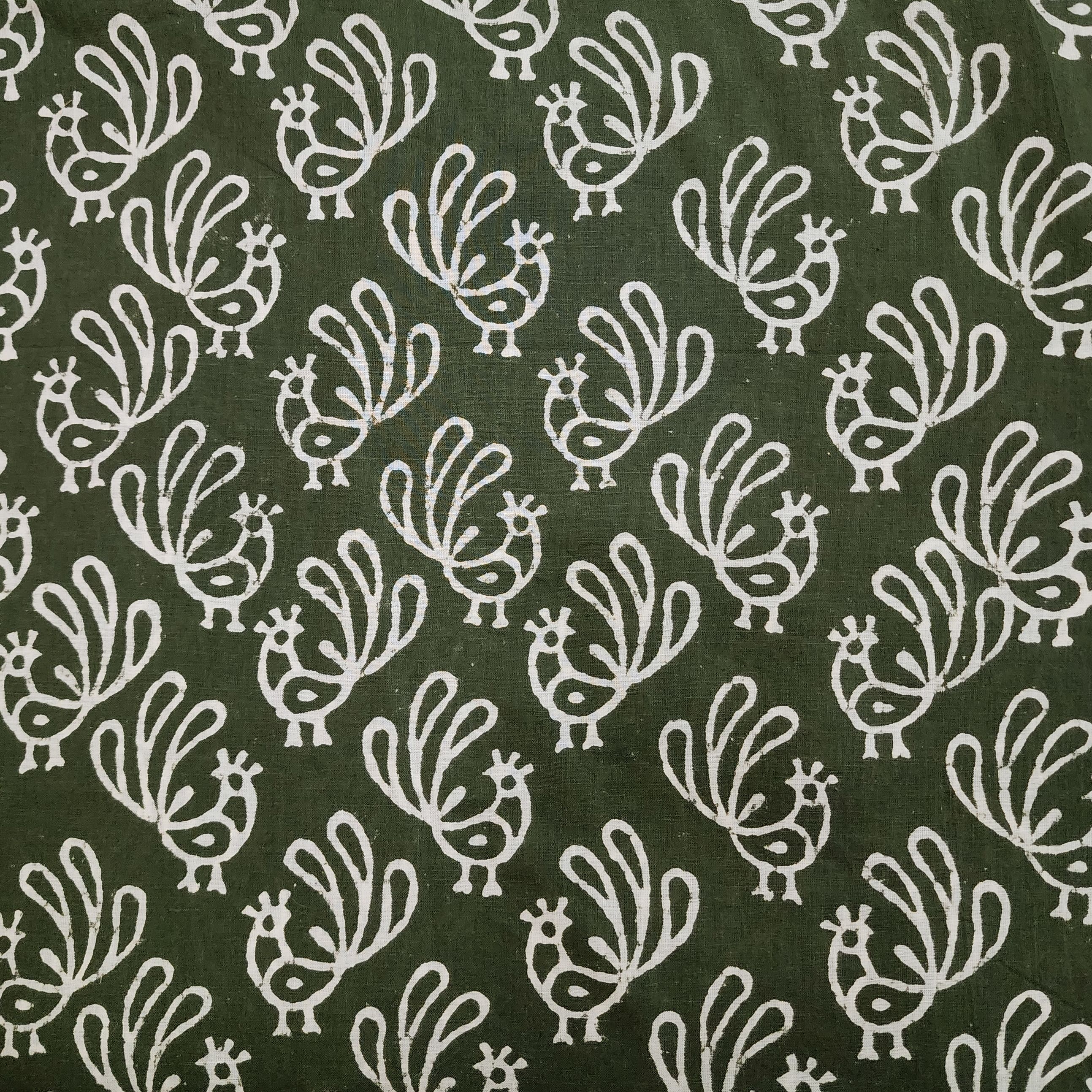 Pure Cotton Dabu Green With Peacock Hand Block Print Fabric – Sanskruti
