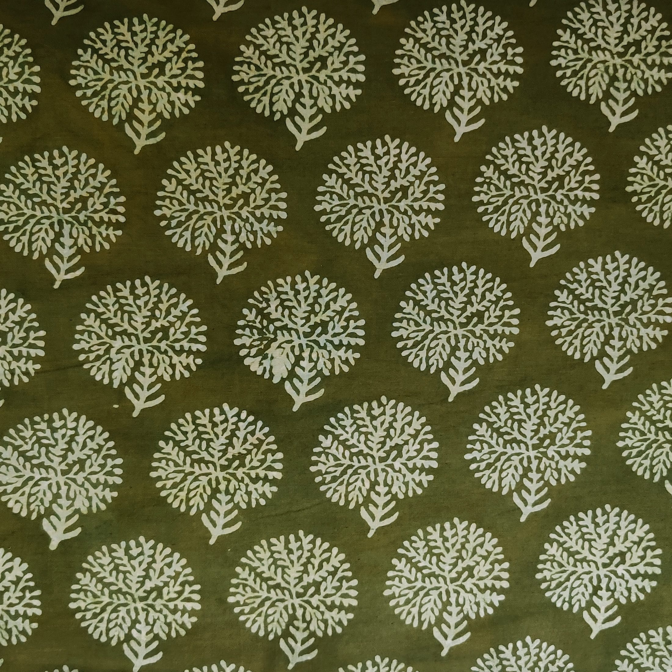 Precut 2 Meter Pure Cotton Dabu Mehendi Green With Cream Blooming Tree ...