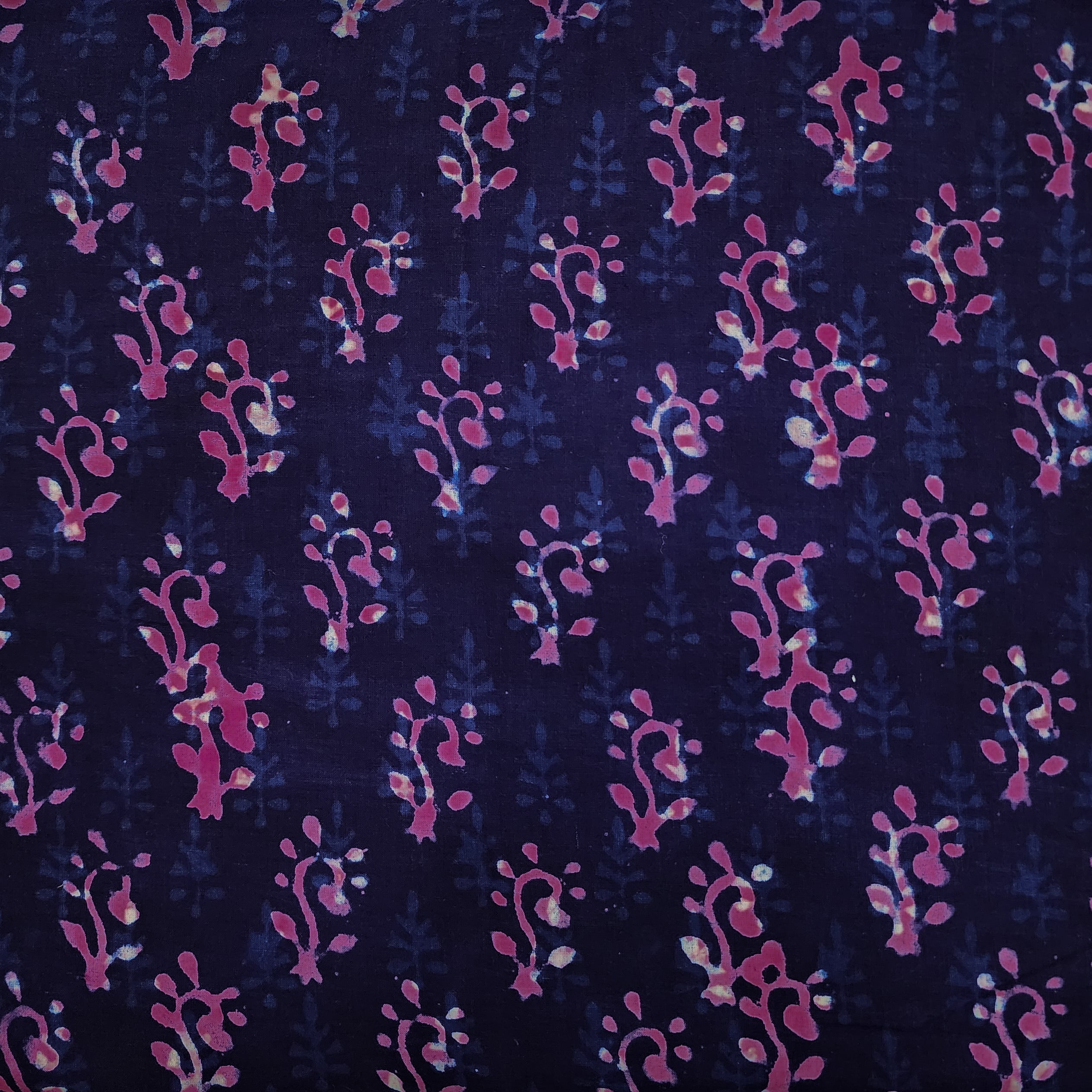 Pure Cotton Dabu Navy Blue With Pink Curvy Fern Batik Motif Hand Block ...
