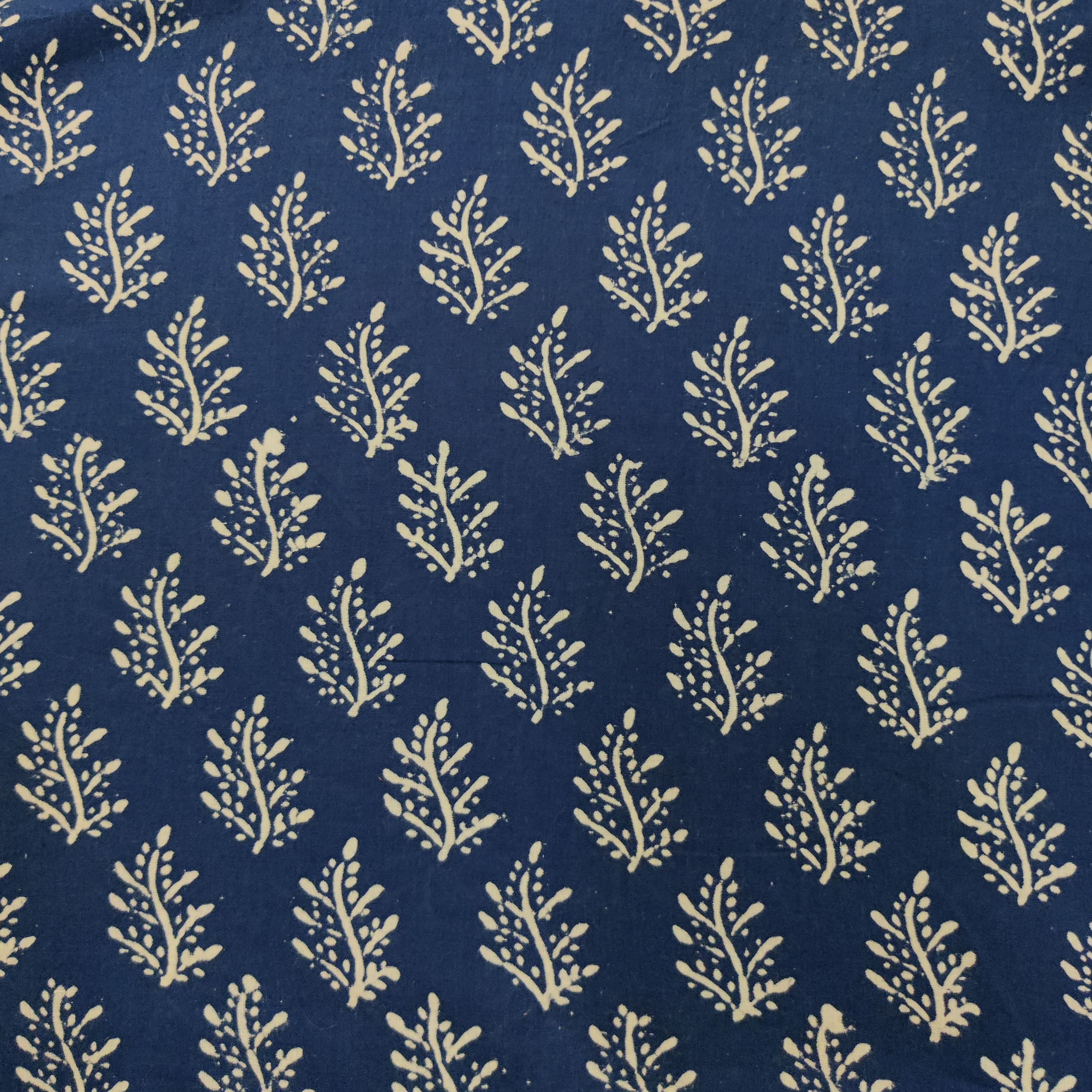 Pure Cotton Discharge Blue With Cream Bush Motif Hand Block Print Fabr ...