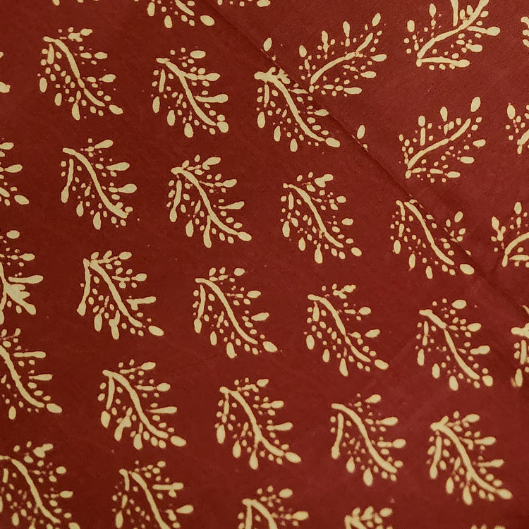 Pure Cotton Discharge Dark Salmon With Yellow Cream Bush Motif Hand Bl ...