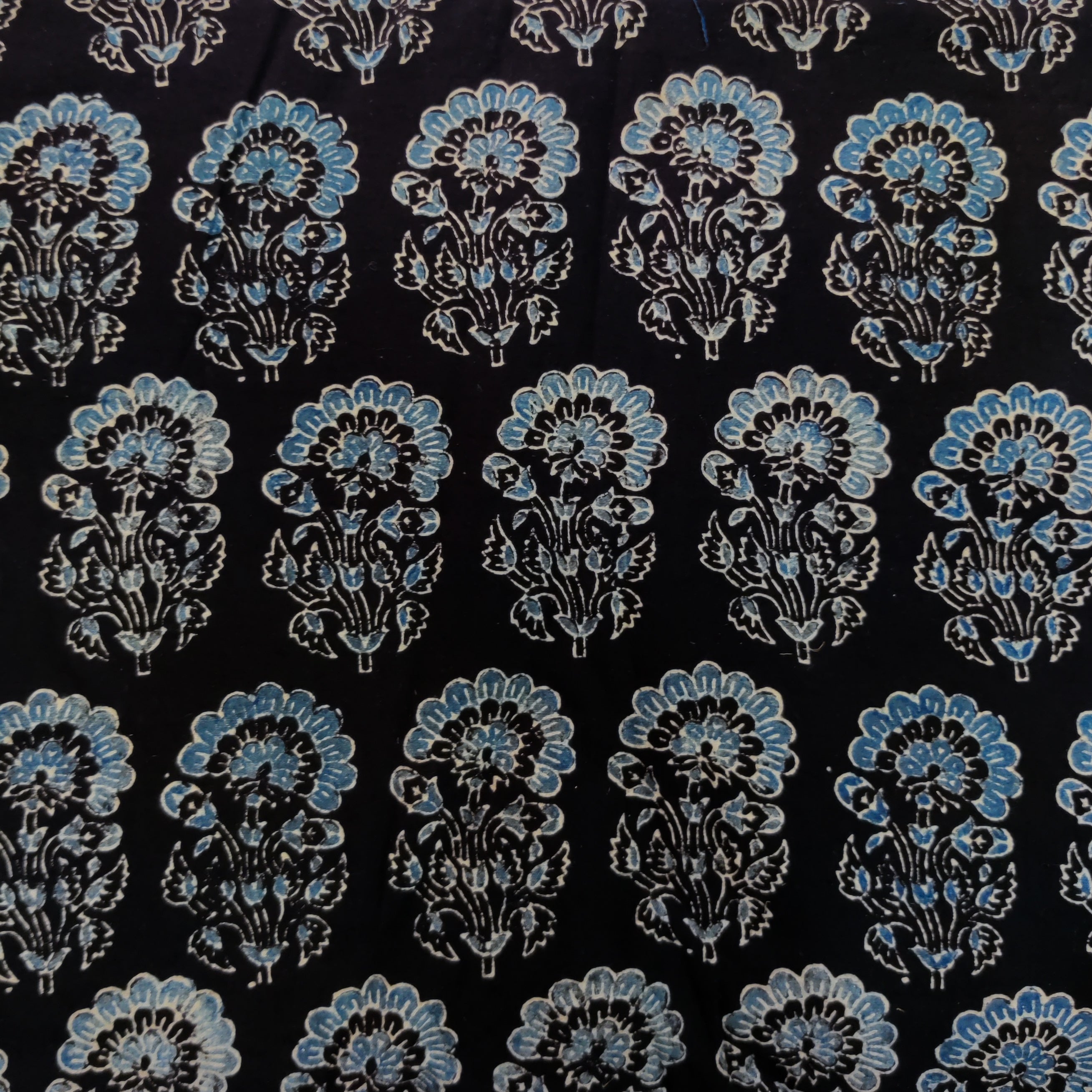 Pure Cotton Double Ajrak Black With Blue Cream Big Plants Hand Block P – Sanskruti