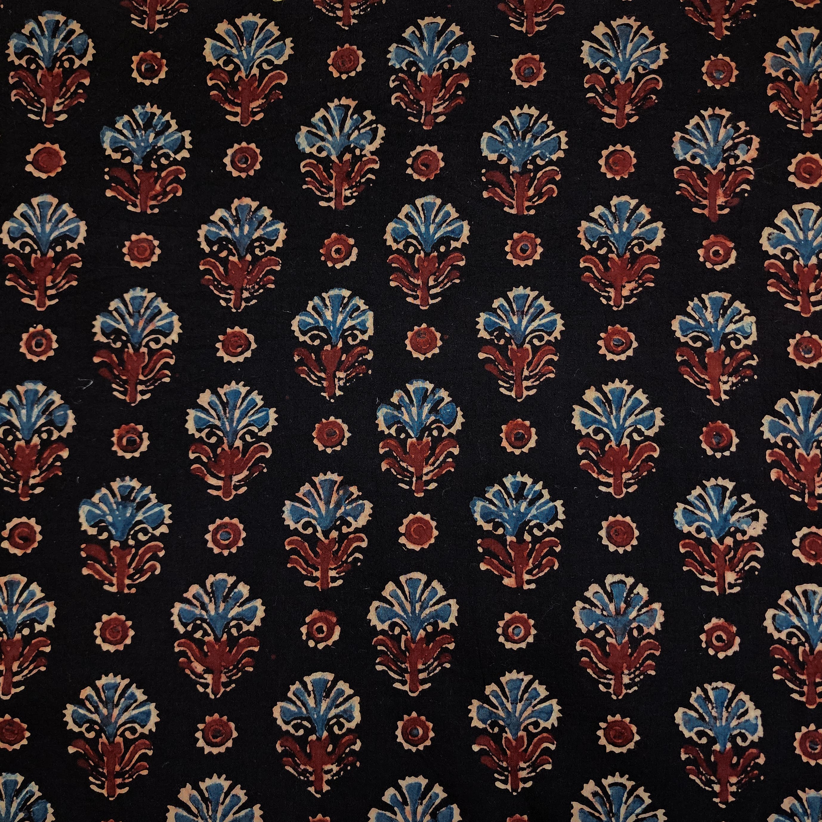Pure Cotton Double Ajrak Black With Blue Maroon Flower Chakra Hand Blo ...