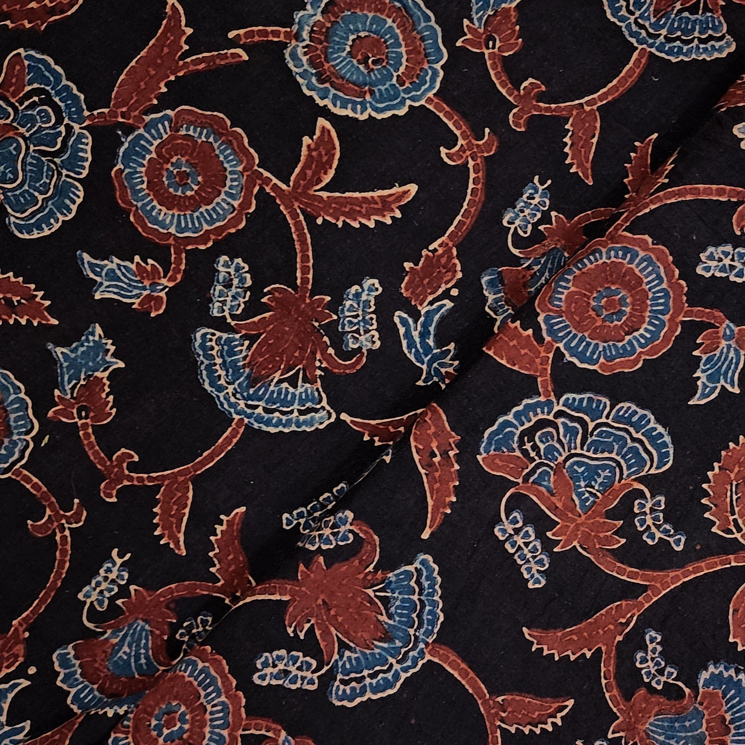 Pure Cotton Double Ajrak Black With Rust And Blue Floral Jaal Hand Blo – Sanskruti