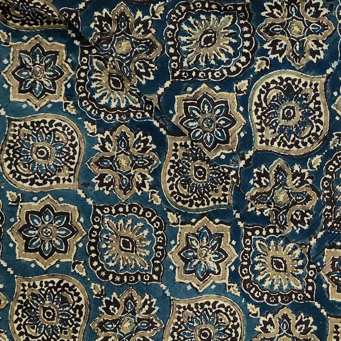 Pure Cotton Double Ajrak Blue Mehendi Beige With All Over Pattern Hand ...