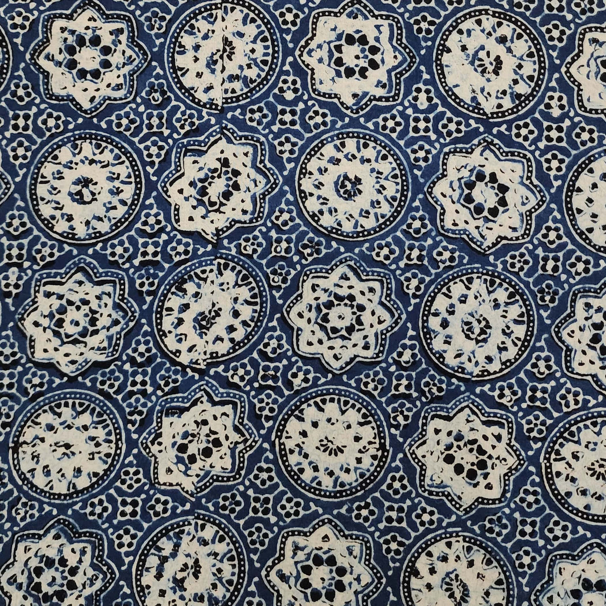 Pure Cotton Double Ajrak Blue With Cream And Black Circle Star Tile Ha - Sanskruti