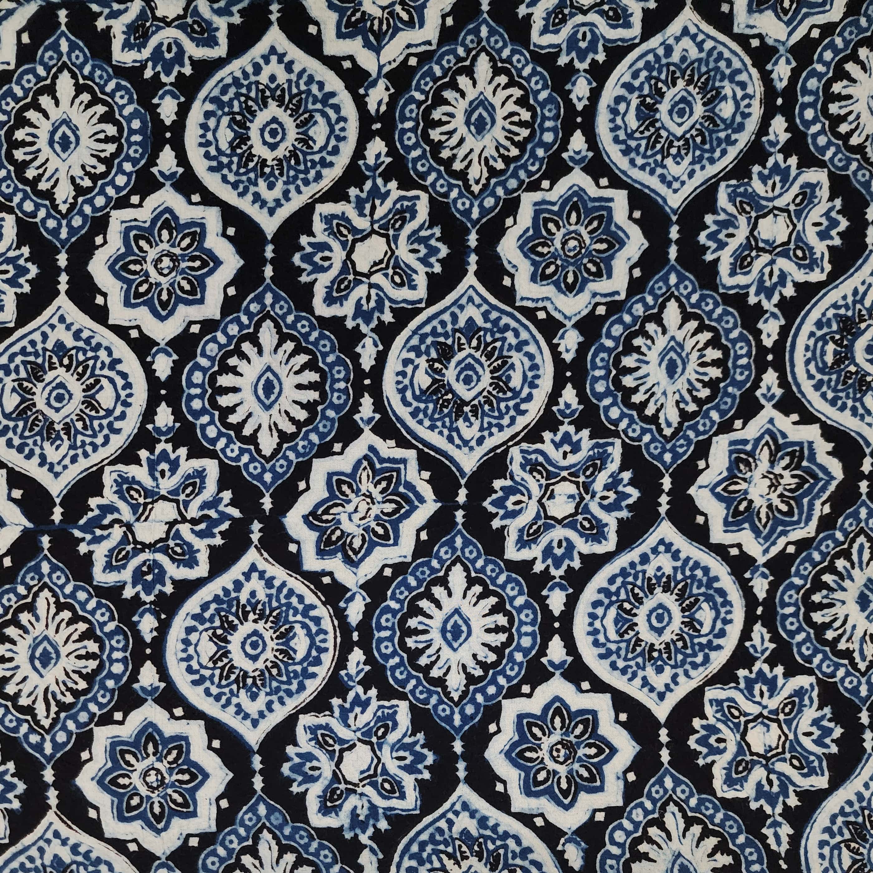 Pure Cotton Double Ajrak Blue With Cream Blue All Over Pattern Hand Bl ...
