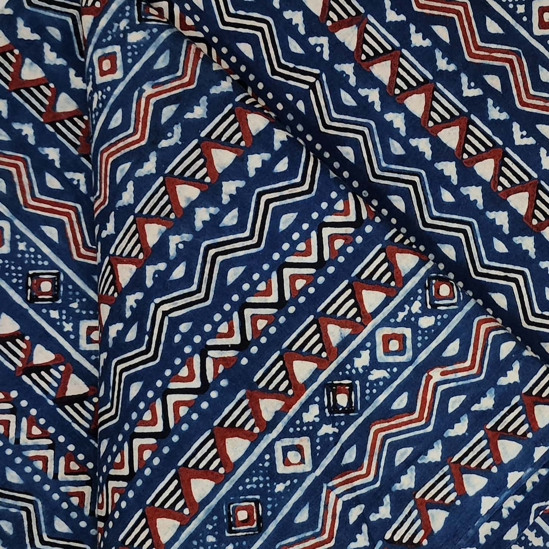 Pure Cotton Double Ajrak Blue With Cream Rust Intricate Border Hand Bl ...