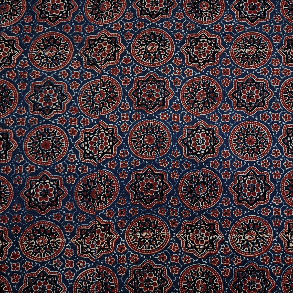 Pure Cotton Double Ajrak Blue With Tiles Hand Block Print Fabric - Sanskruti