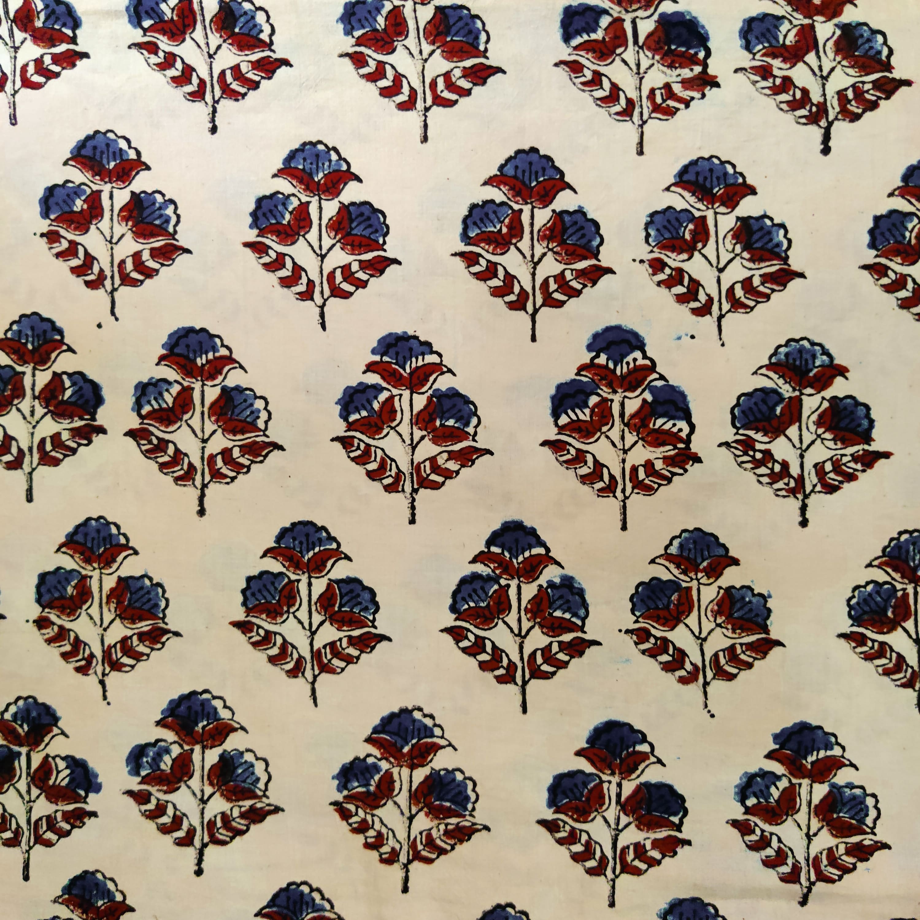 Pure Cotton Double Ajrak Cream With Blue Maroon APlant Hand Block Prin – Sanskruti