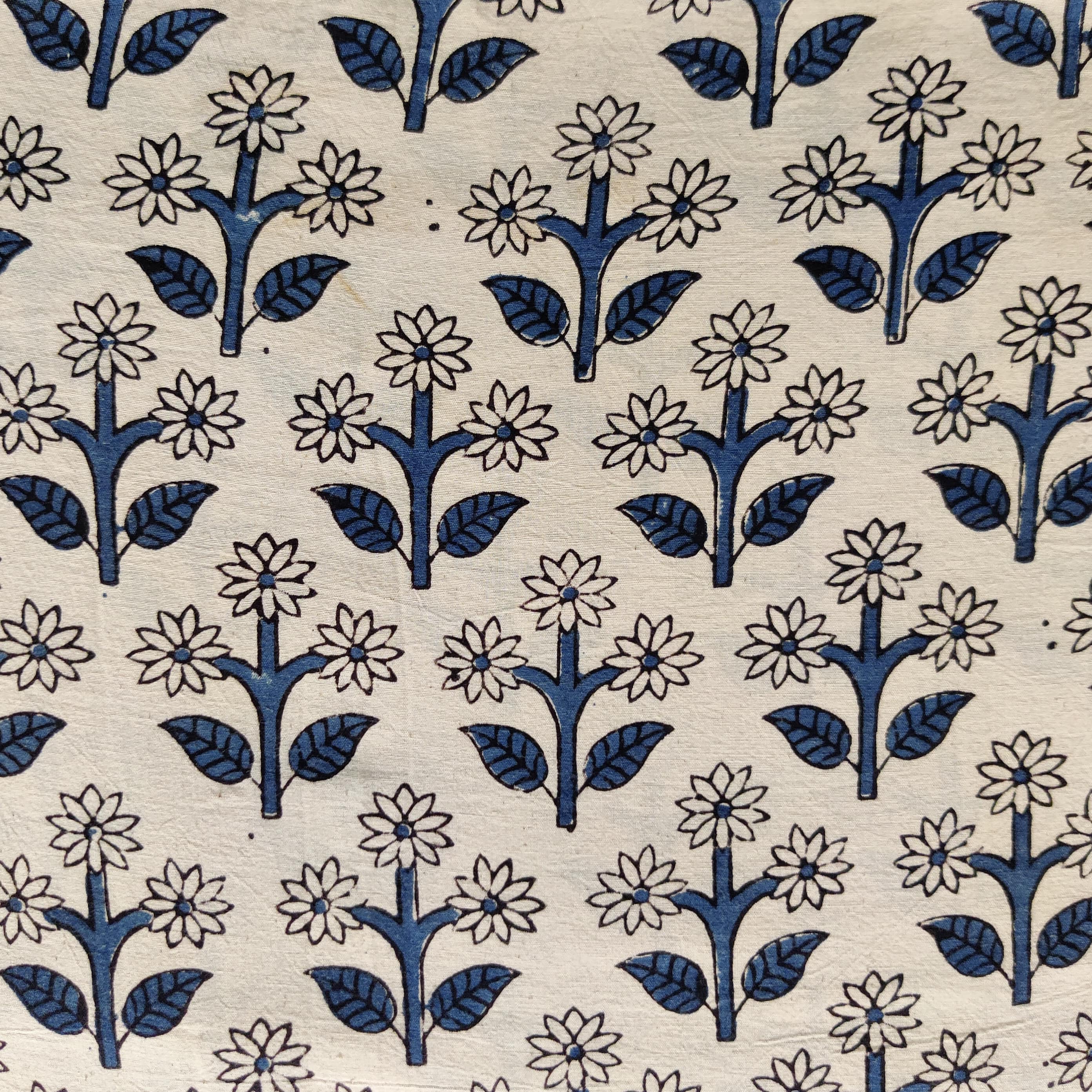 Pure Cotton Double Ajrak Cream With Blue Plants Hand Block Print Fabri ...