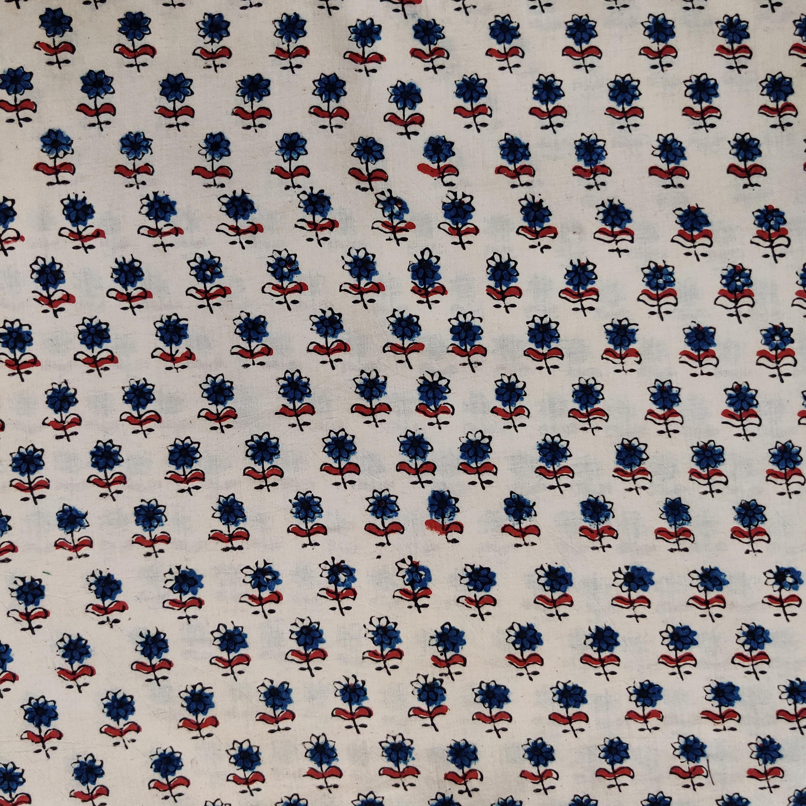 Precut 2 Meter Pure Cotton Double Ajrak Cream With Blue Rust Tiny Flow – Sanskruti