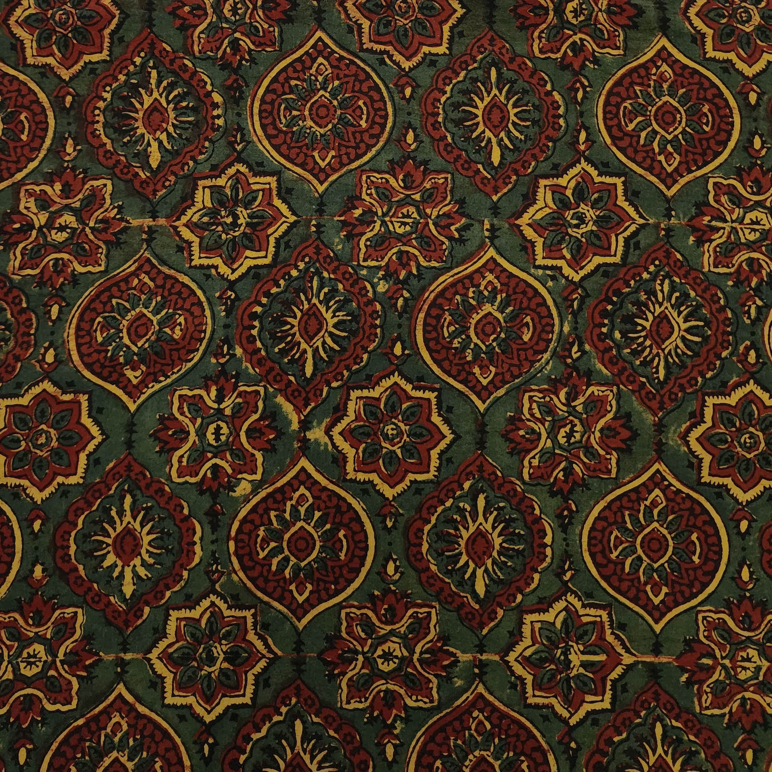 Pure Cotton Double Ajrak Dark Green With Rust And Yellow All Over Patt ...
