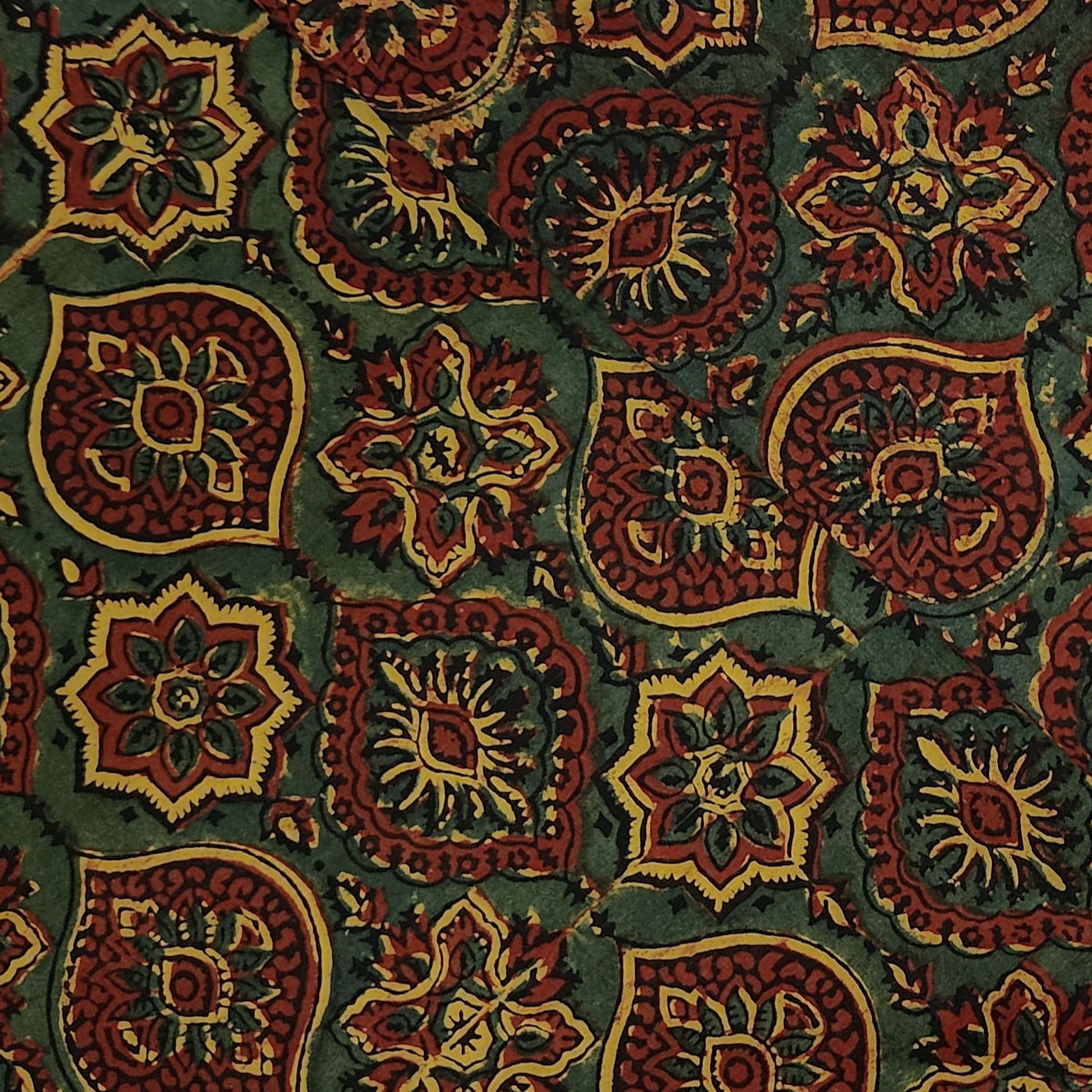 Pure Cotton Double Ajrak Dark Green With Rust And Yellow All Over Patt ...