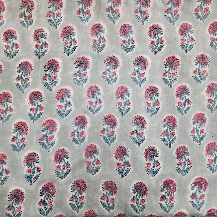 Pure Cotton Grey With Light Pink Dandelion Flower Hand Block Print Fab ...