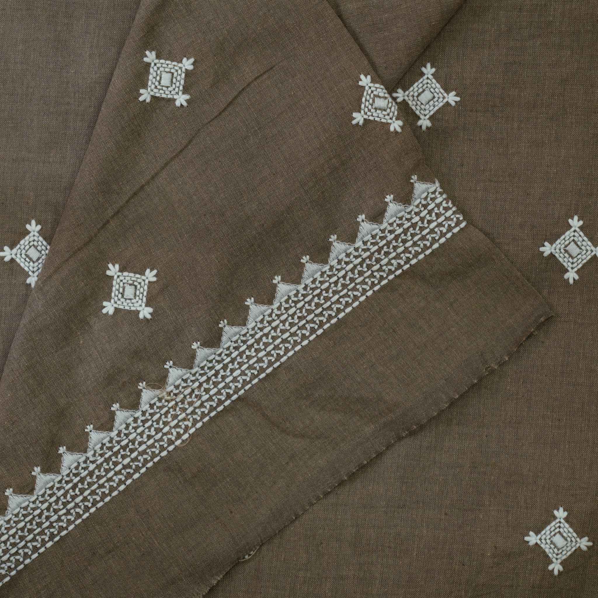 Precut 1.5 Meter Pure Cotton Handloom Brown With Cream Embroidery Hand ...