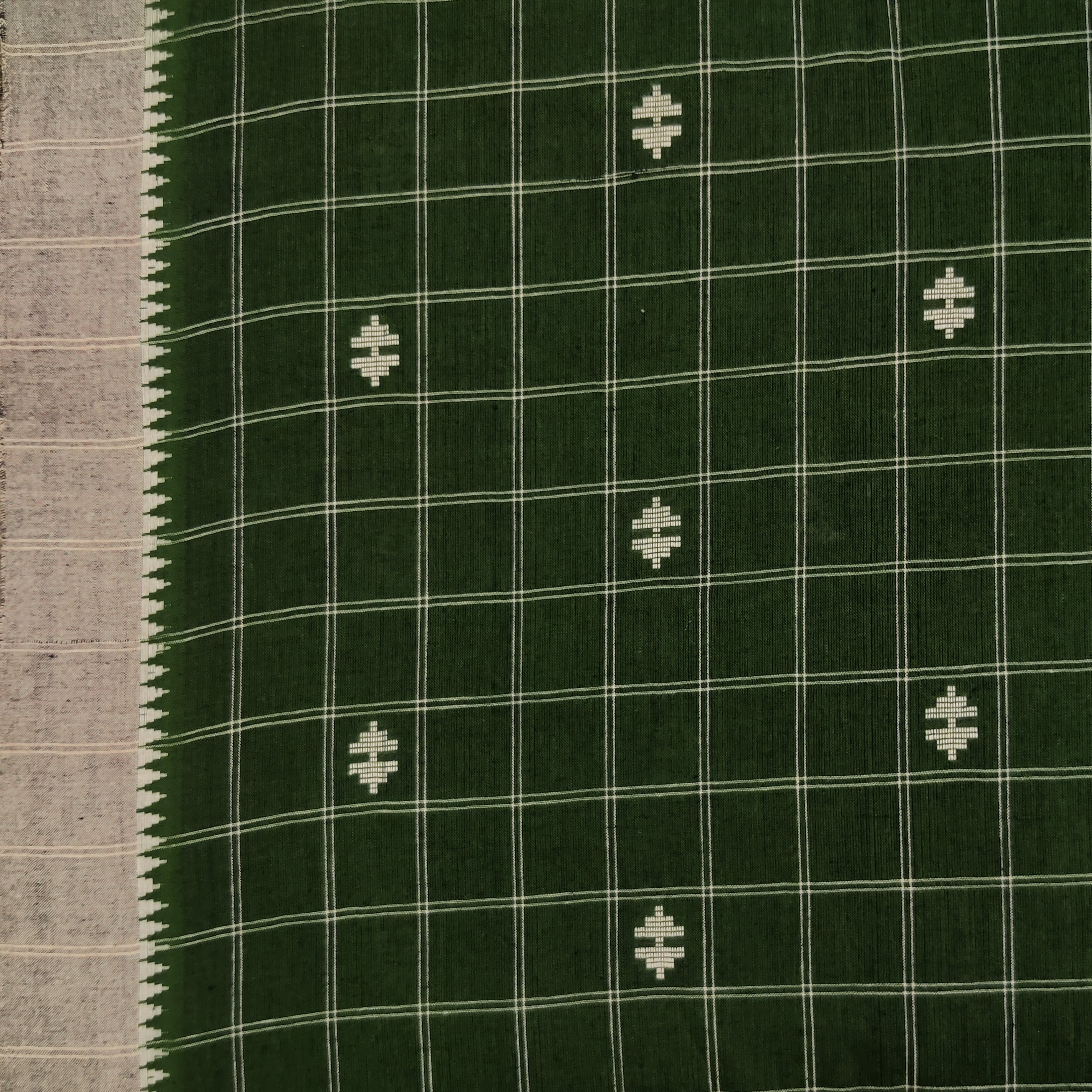 Pure Cotton Handloom Green With Checks And Temple Border – Sanskruti
