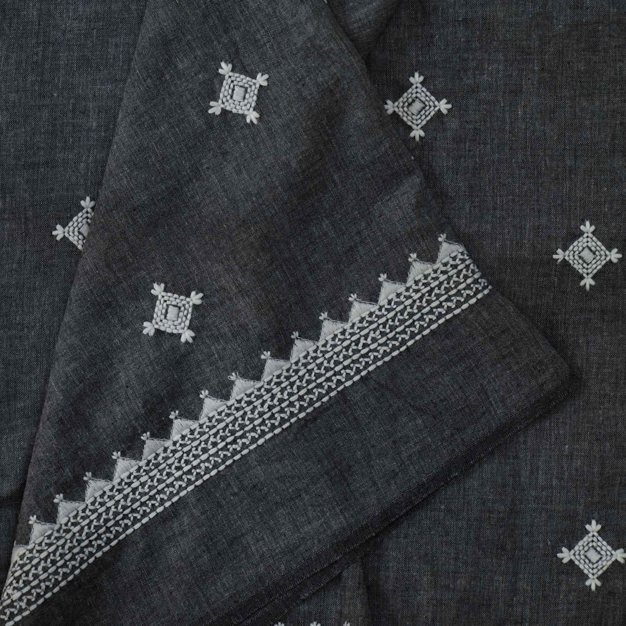 Pure Cotton Handloom Grey With Cream Embroidery Hand Block Print Fabri ...