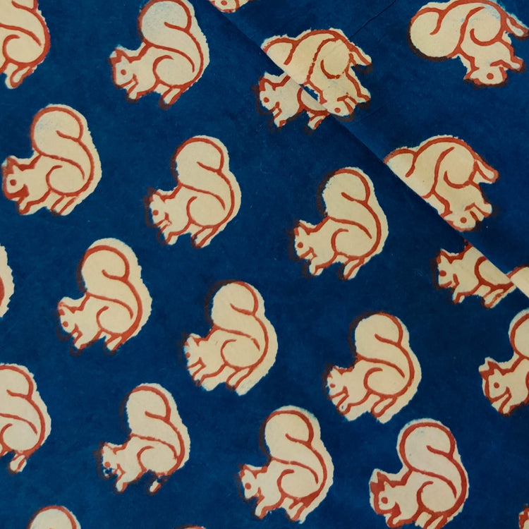 Pure Cotton Indigo With Squirrel Hand Block Print Fabric – Sanskruti