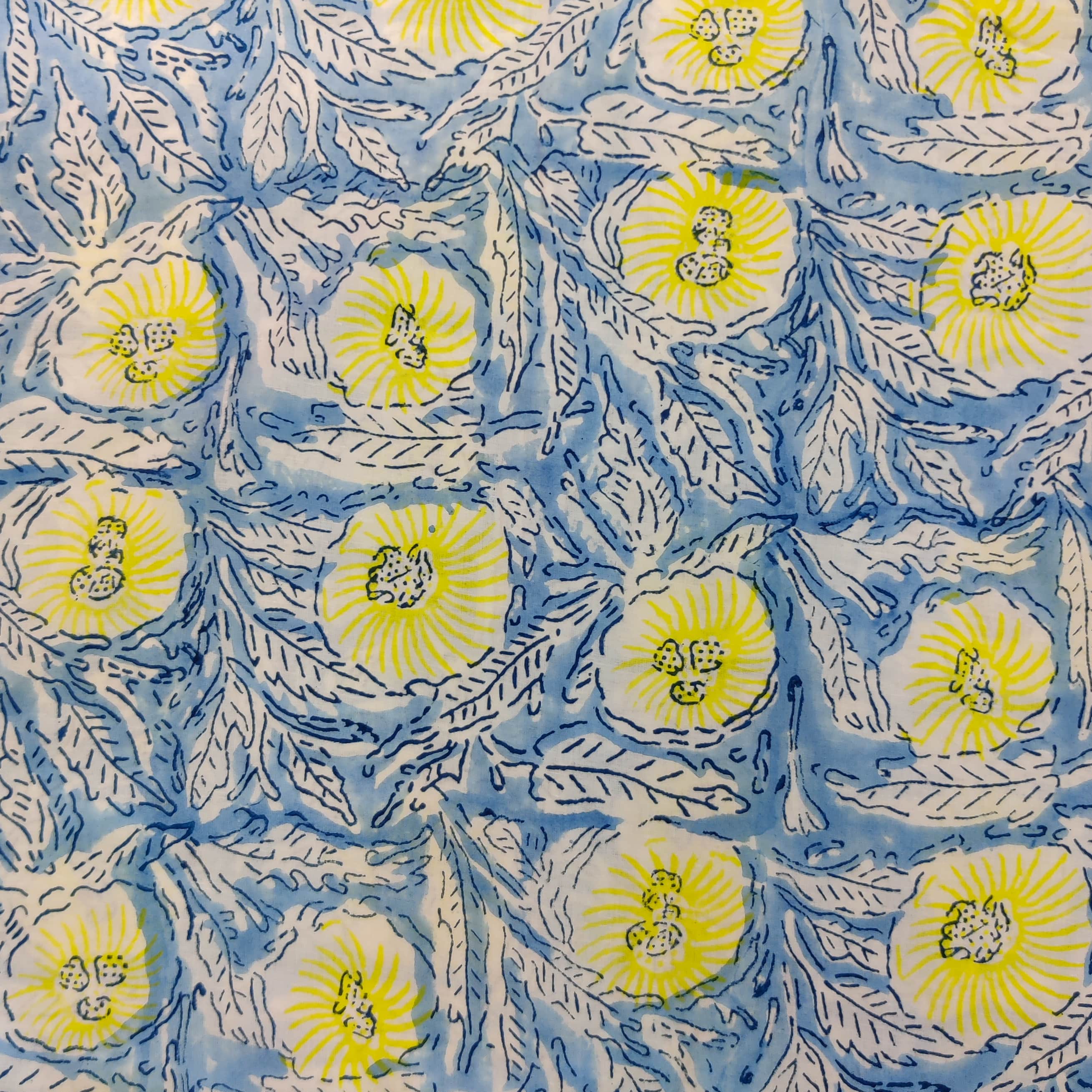 Pure Cotton Jaipuri Blue Shrub With Yelow Flowers Hand Block Print Fab ...