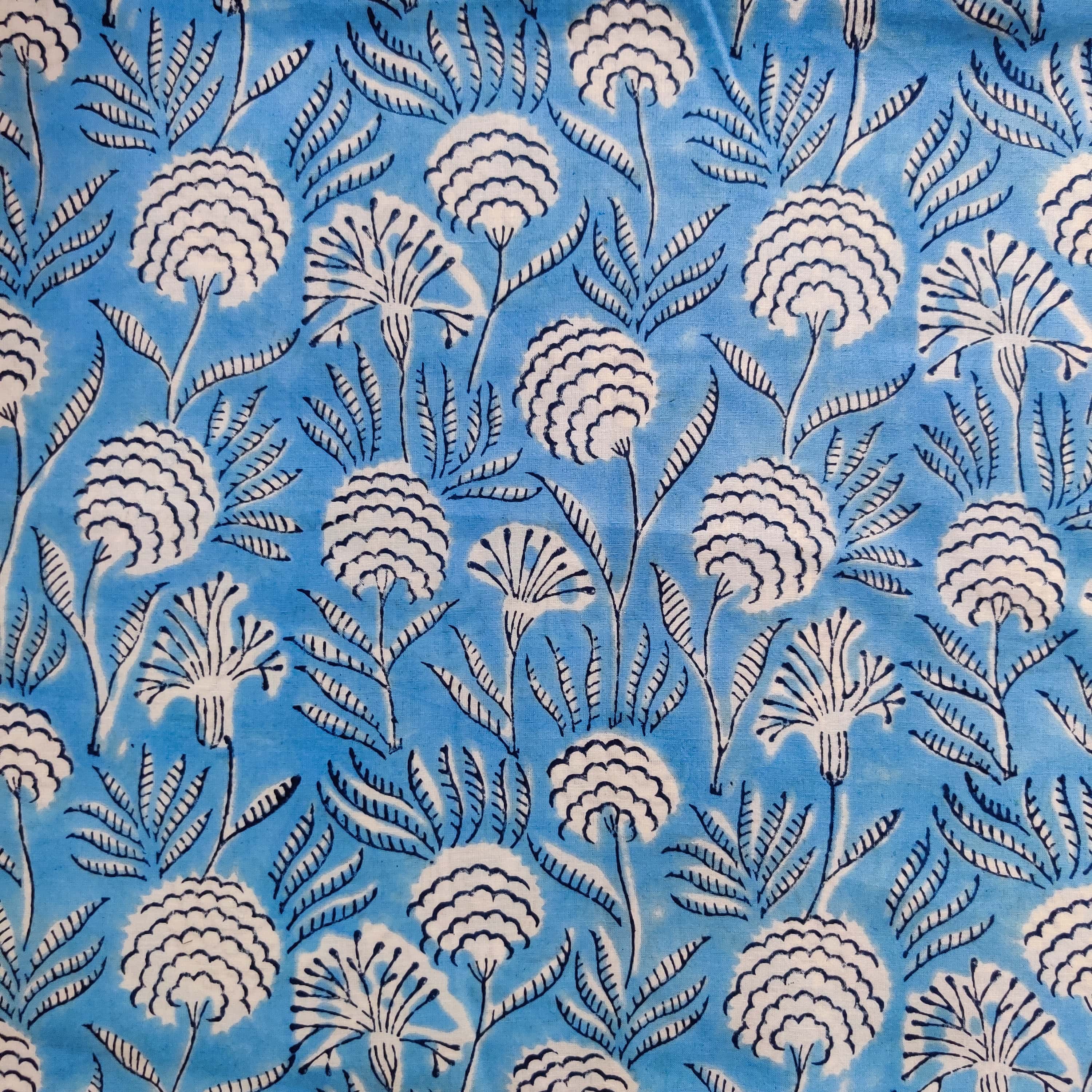 Pure Cotton Jaipuri Blue With Flower Bud Garden Hand Block Print Fabri ...