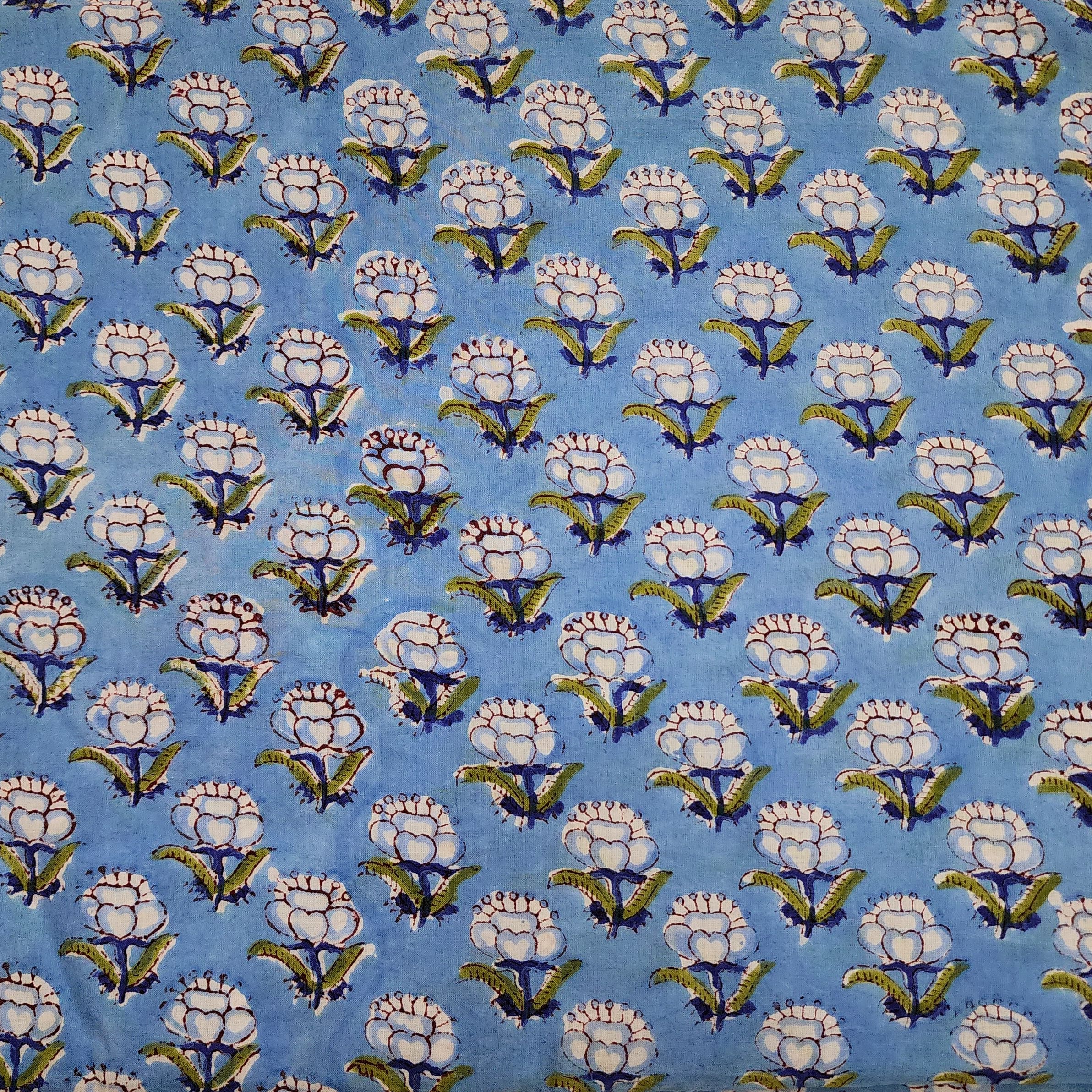 Pure Cotton Jaipuri Blue With Flower Bud Motifs Hand Block Print Fabri ...