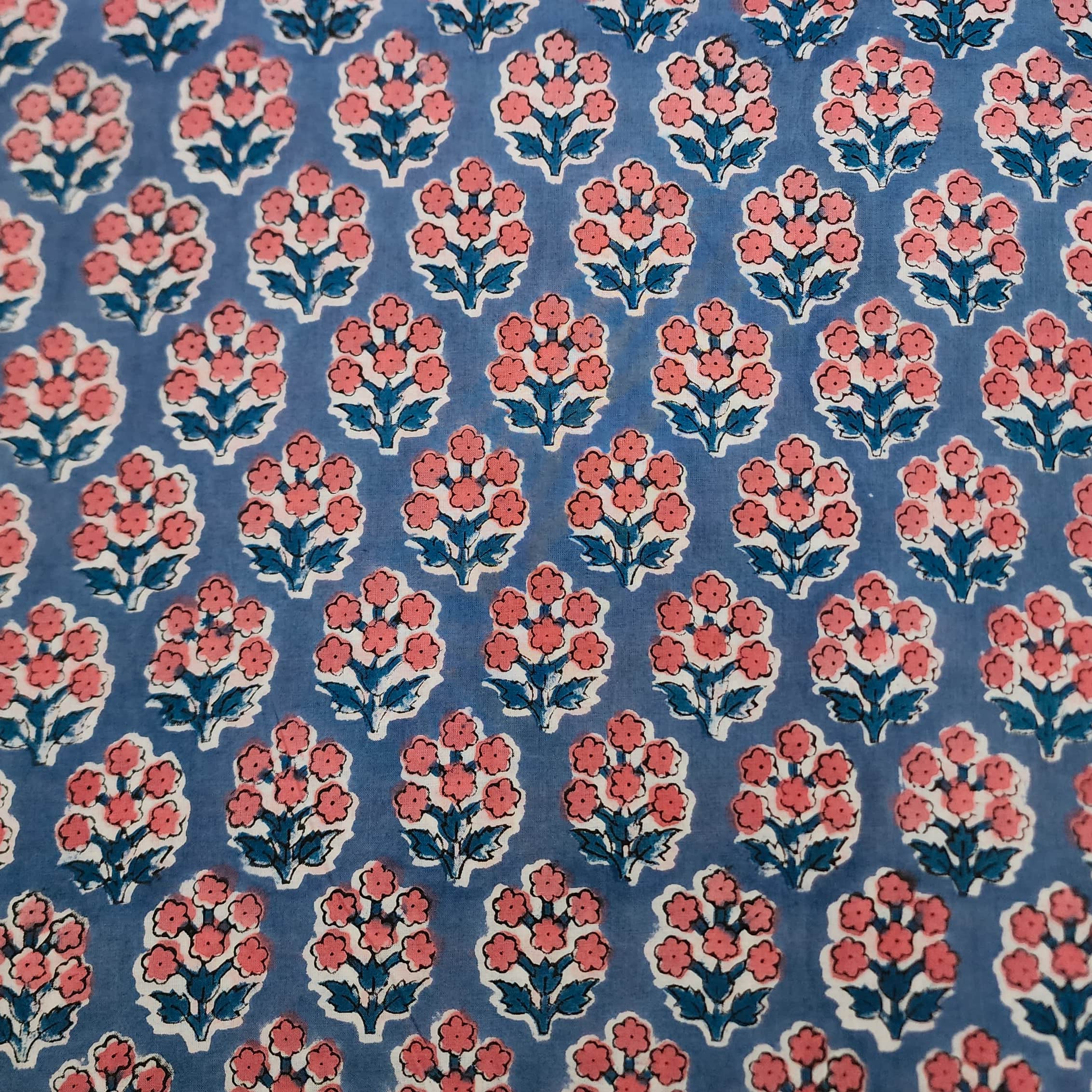 Pure Cotton Jaipuri Blue With Pink Six Flower Motifs Hand Bock Print F ...