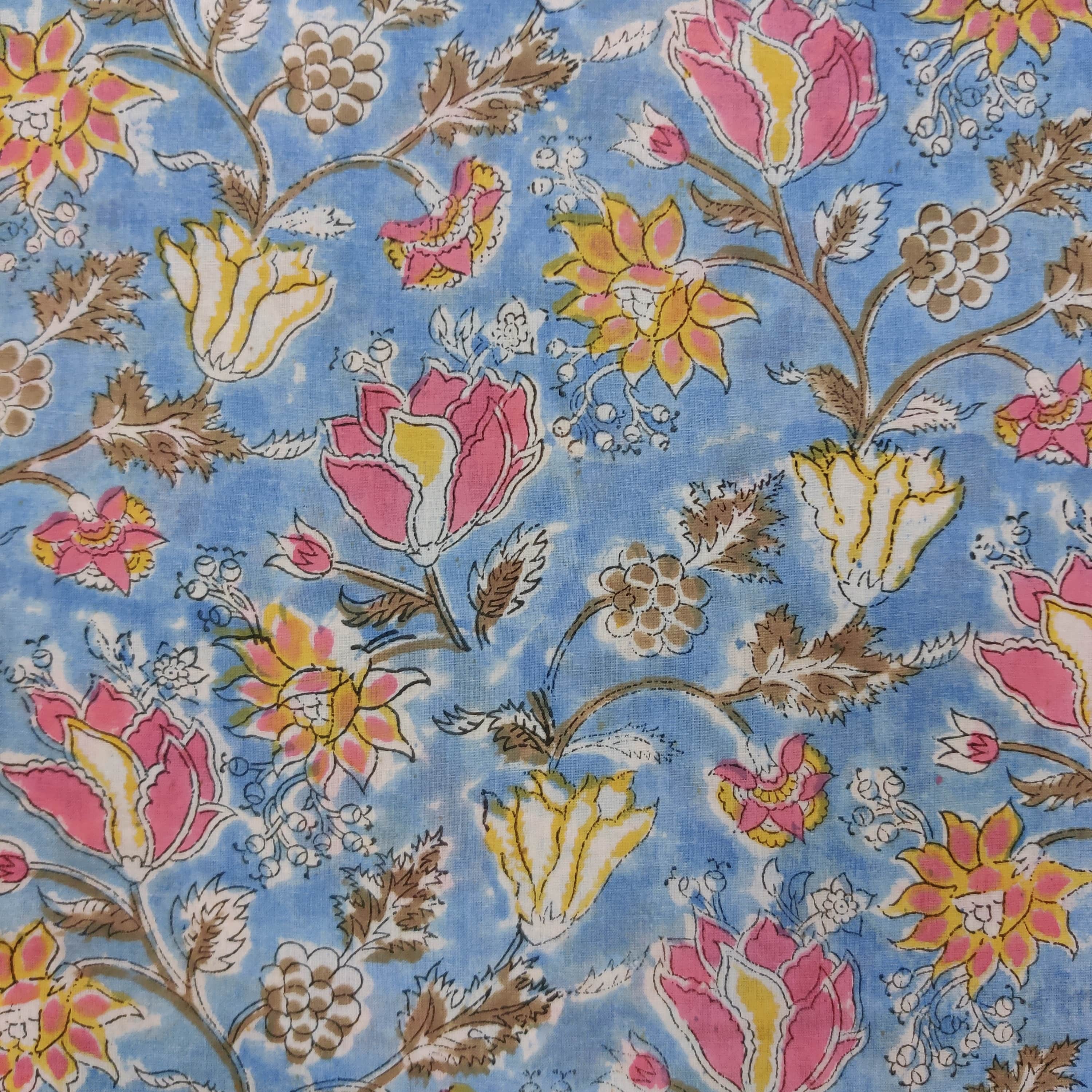 Pure Cotton Jaipuri Blue With Pink Yellow Orange Beautiful Floral Jaal ...