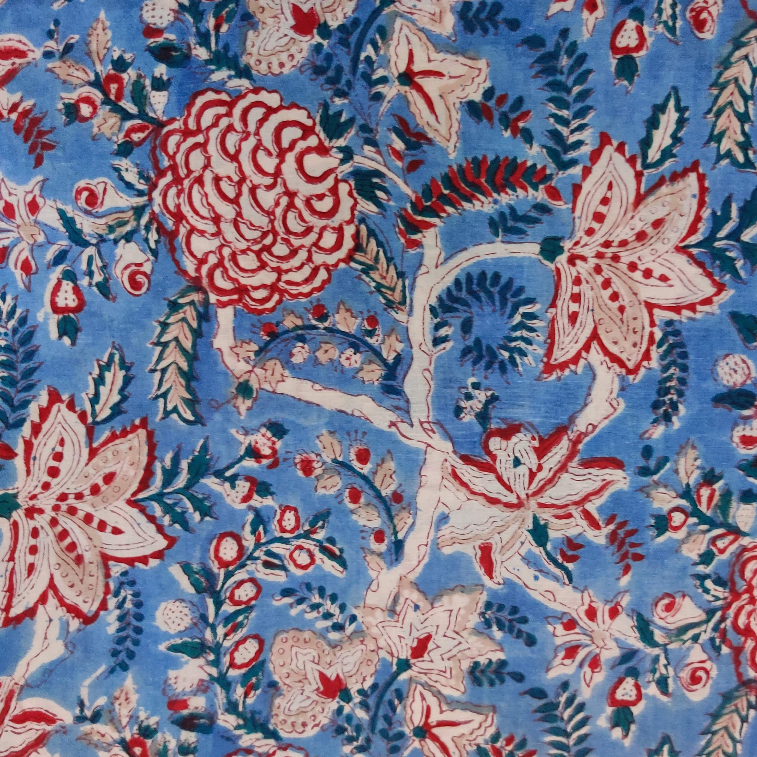 Pure Cotton Jaipuri Blue With Red Brown Cream Wild Fruits And Flowers ...